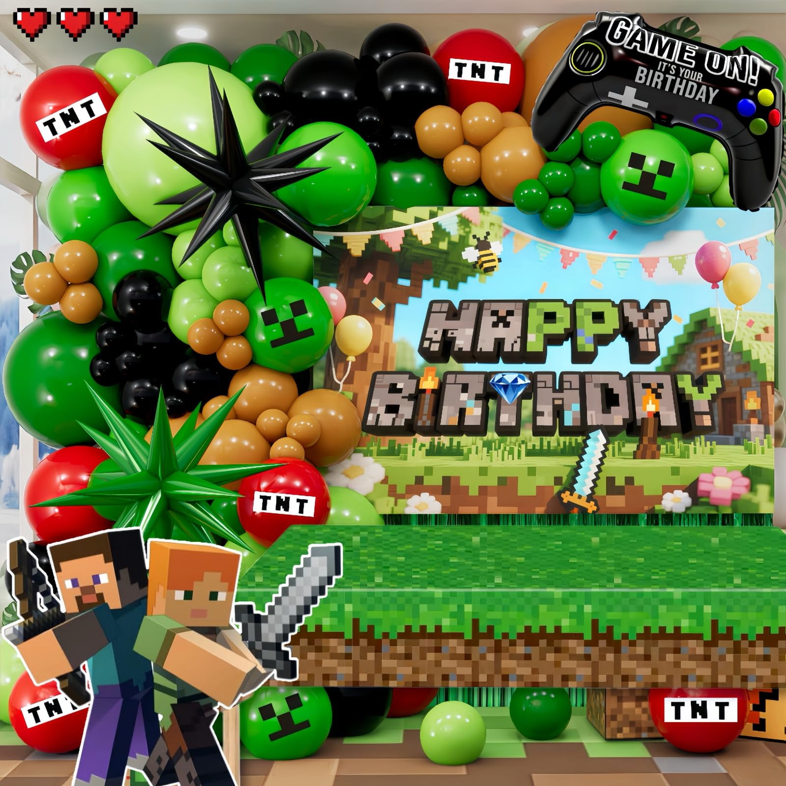 Daidle Pixel Game Birthday Party Decorations for Boys, Green Black ...