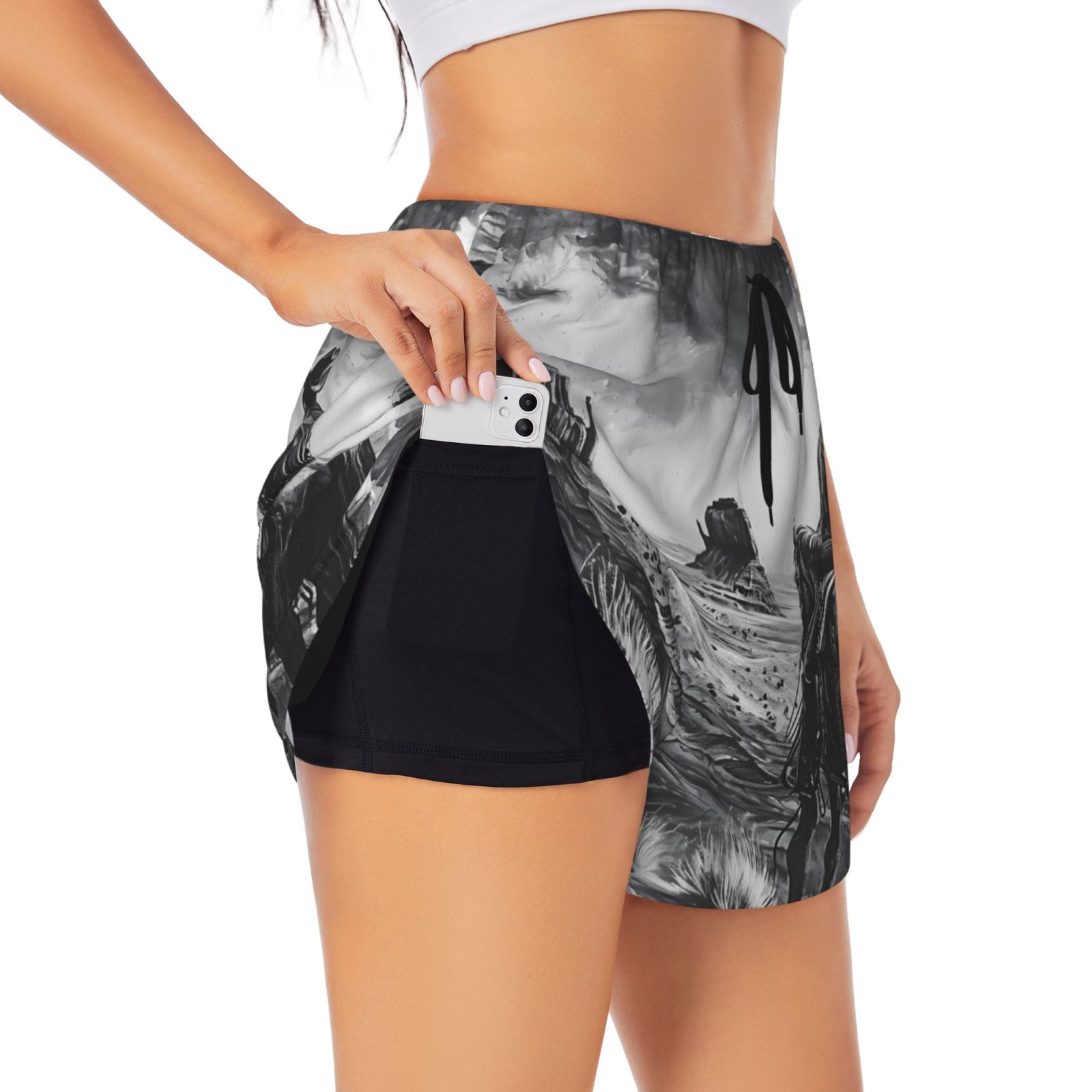 Daiia 60s Black White Western Cowboy Pattern Women's 2 in 1 Running ...