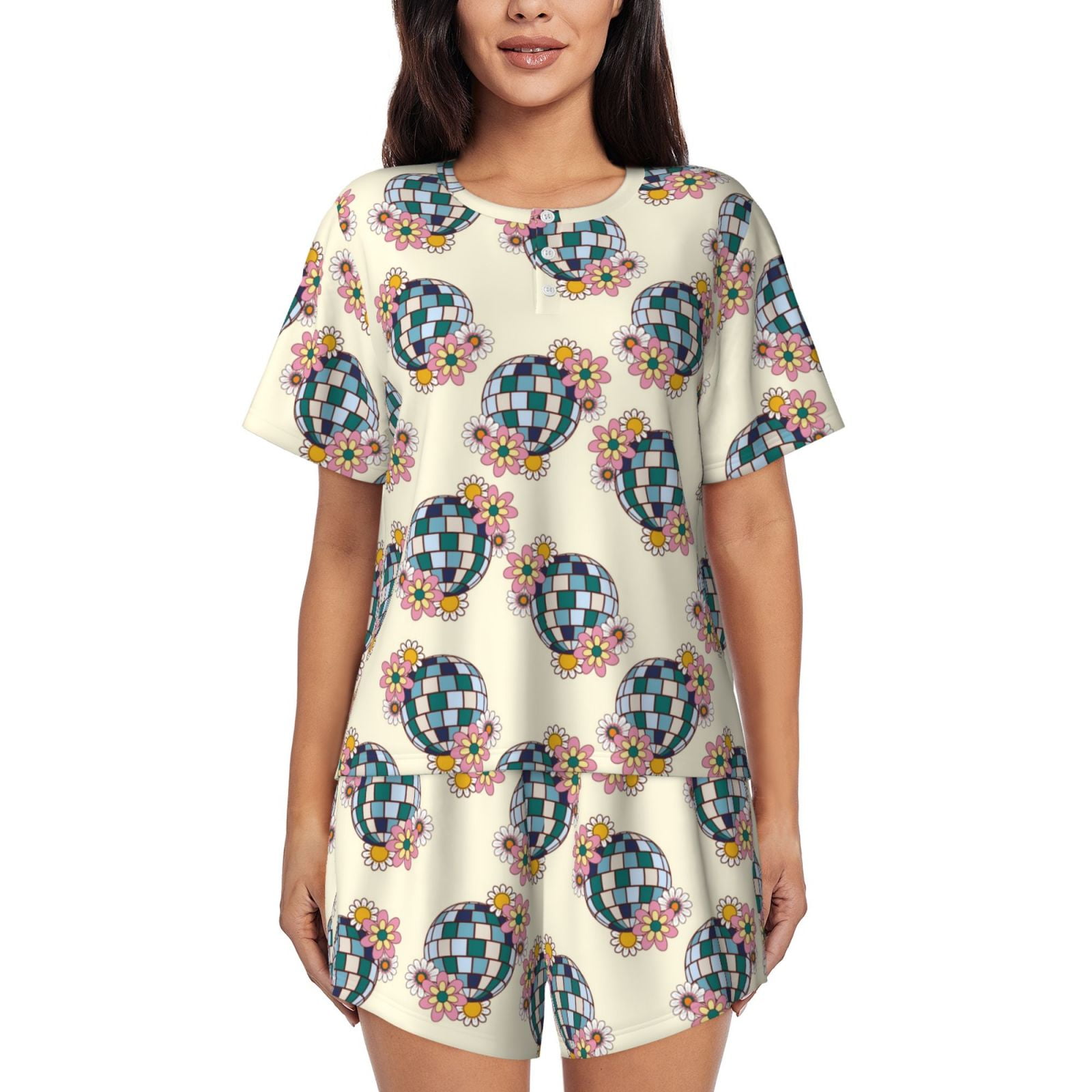 Daiia 70s Disco Ball Pattern Womens Pajama Sets Short Sleeve Pajamas ...