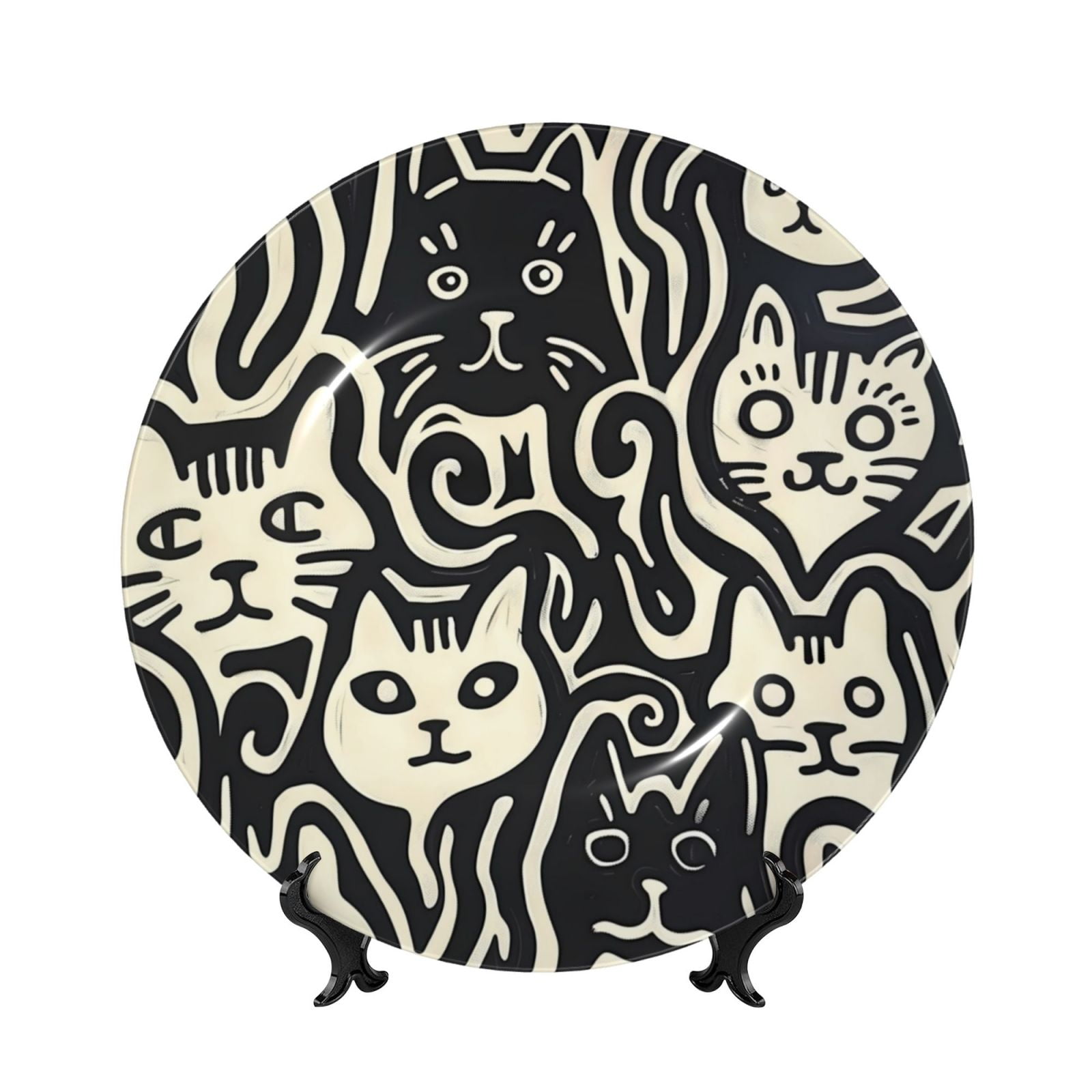 Daiia Abstract Cat Faces Pattern Printed Pattern Ceramic Plate Dinner ...