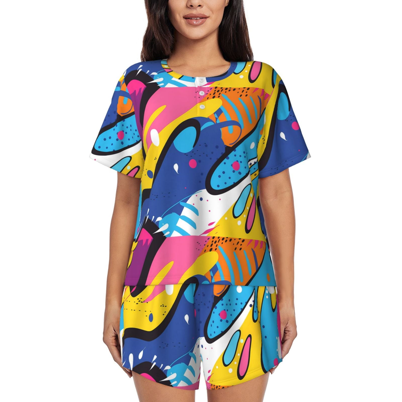 Daiia Abstract Color Splash Pattern Womens Pajama Sets Short Sleeve ...