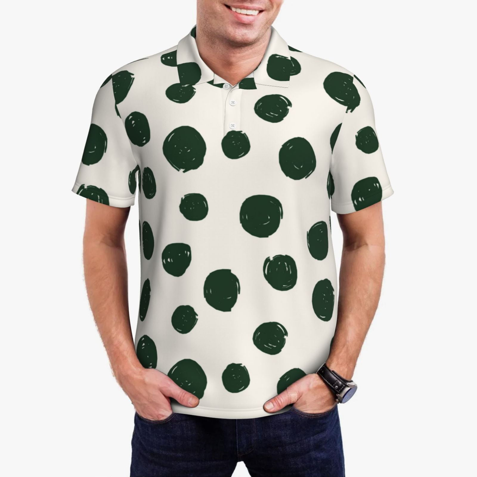 Daiia Abstract Green Polka Dot Pattern Men’s Polo Shirts,Solid Deck Shirt,Classic Fit ...