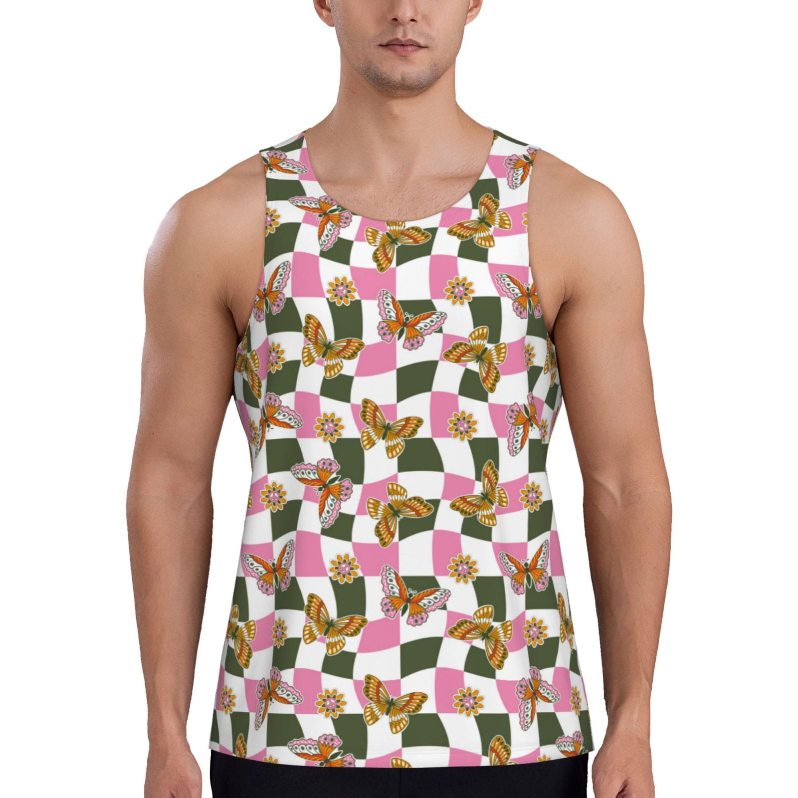 Daiia Abstract Pink Plaid Butterfly Printed Men's Quick Dry Fit Muscle ...