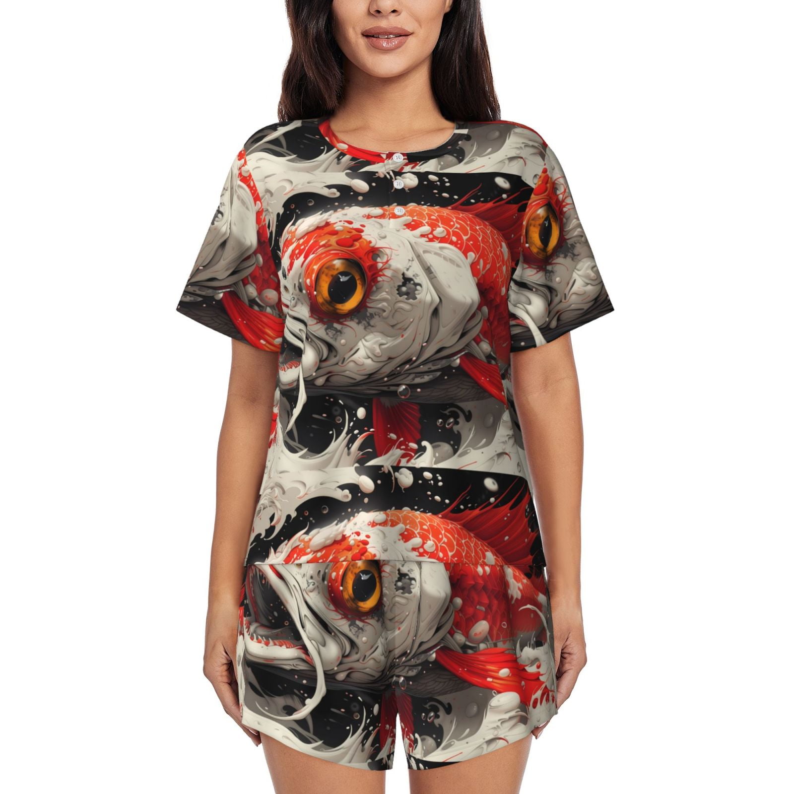 Daiia Abstract Red Koi Fish Art Pattern Womens Pajama Sets Short Sleeve ...
