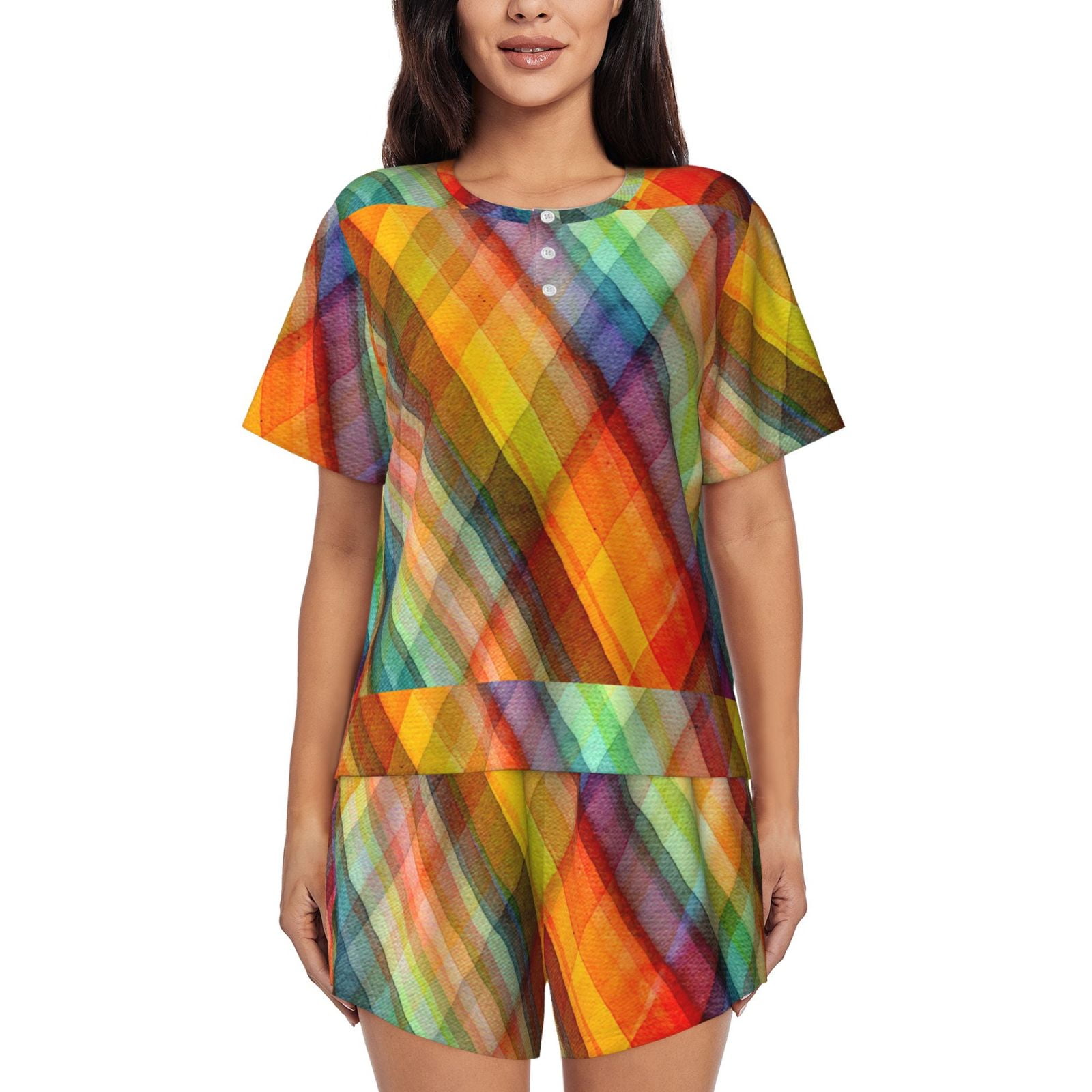 Daiia Abstract Watercolors Tartan Pattern Womens Pajama Sets Short ...