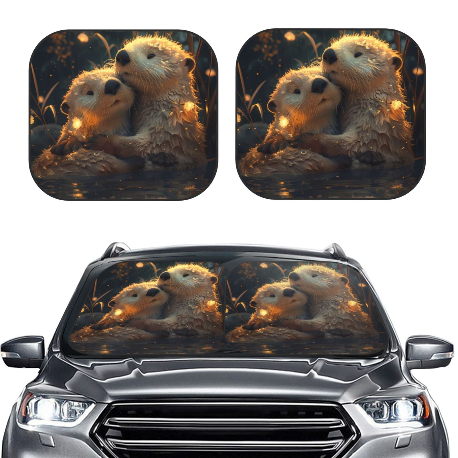 Daiia Adorable Otter Pair Hug 2PCS Car Windshield Sun Shade, Foldable ...