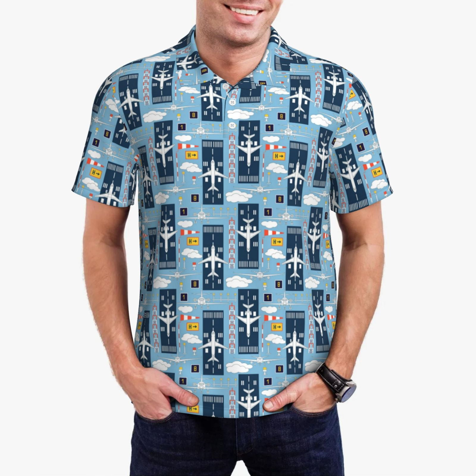 Daiia Airplanes and Aviation Signs Pattern Men’s Polo Shirts,Solid Deck ...