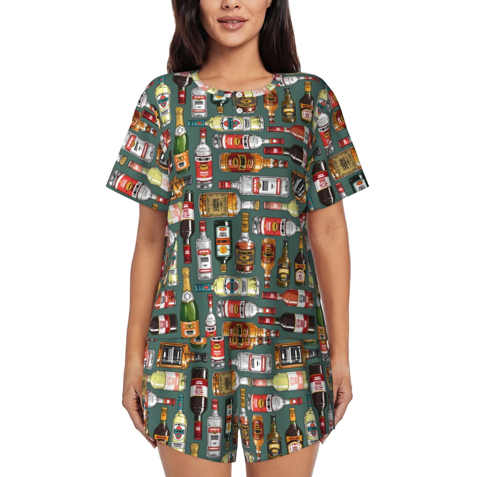 Daiia Alcohol Bottles Pattern Womens Pajama Sets Short Sleeve Pajamas ...