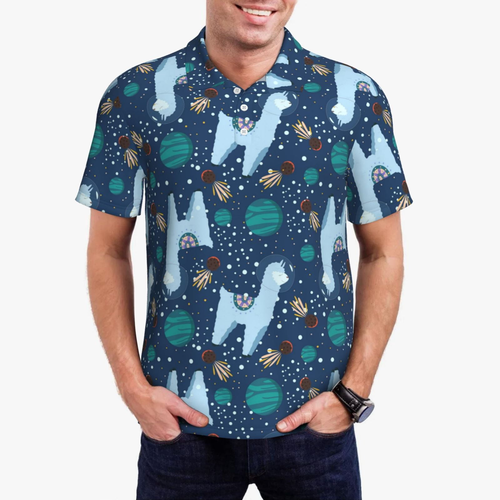 Daiia Alpaca Astronaut in Space Pattern Men’s Polo Shirts,Solid Deck ...