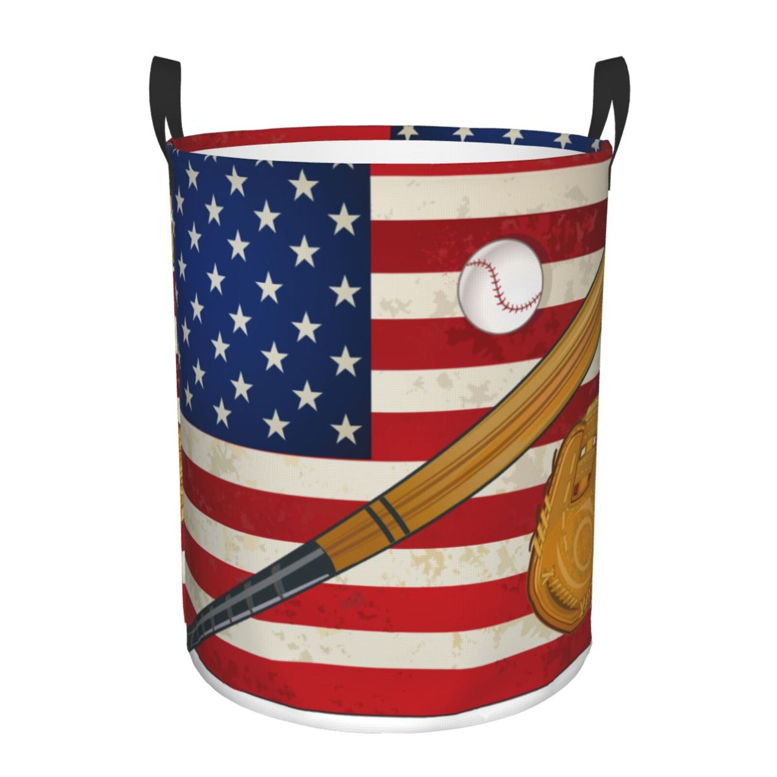 Daiia American Flag And Baseball Round Laundry Basket with Handles ...