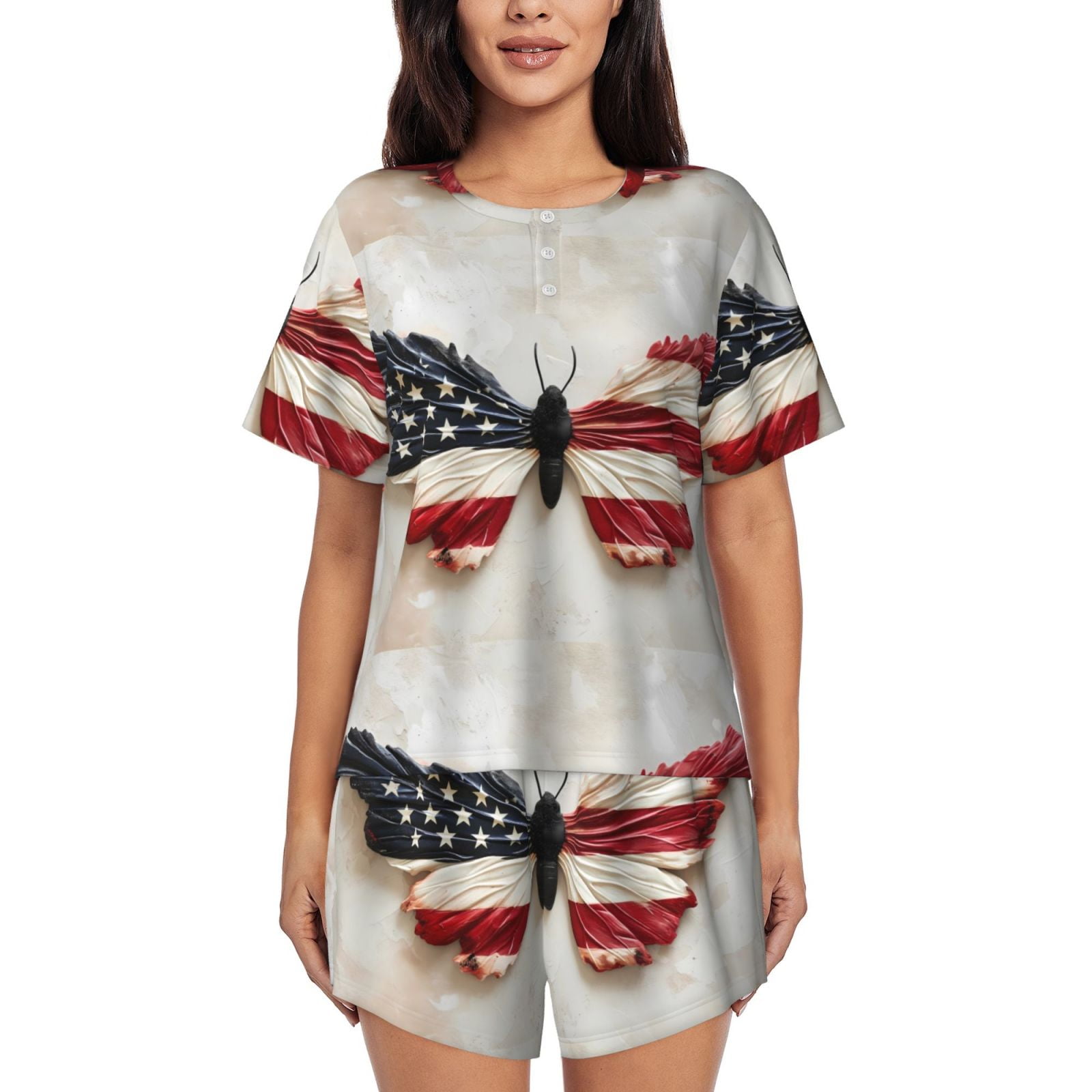 Daiia American Flag Butterfly Wall Pattern Womens Pajama Sets Short ...