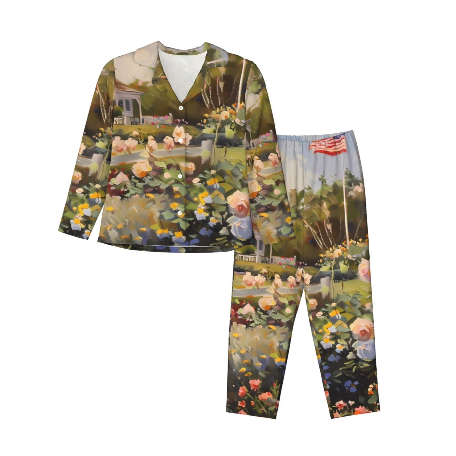 Daiia American Flag Rose Garden for Women's Long-Sleeved Pajama Set ...
