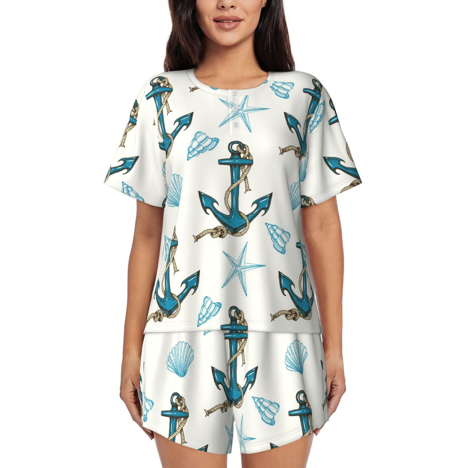Daiia Anchors And Shells Pattern Womens Pajama Sets Short Sleeve ...