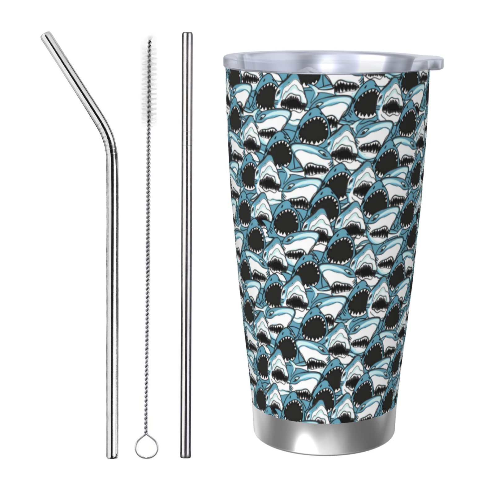 Daiia Angry Shark Printed 20oz Insulated Coffee Cup with Straw Topper ...