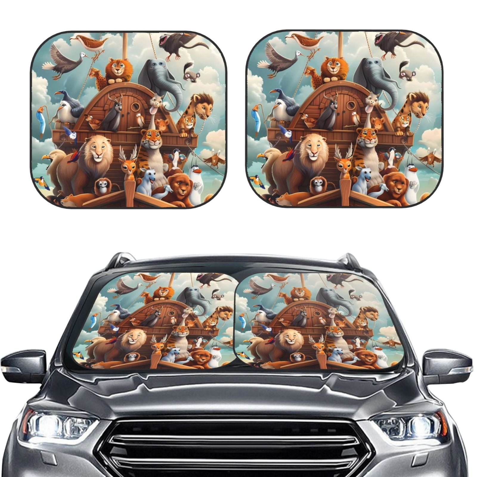 Daiia Animal Filled Noahs Ark 2PCS Car Windshield Sun Shade, Foldable Sun Shield for Car Front ...