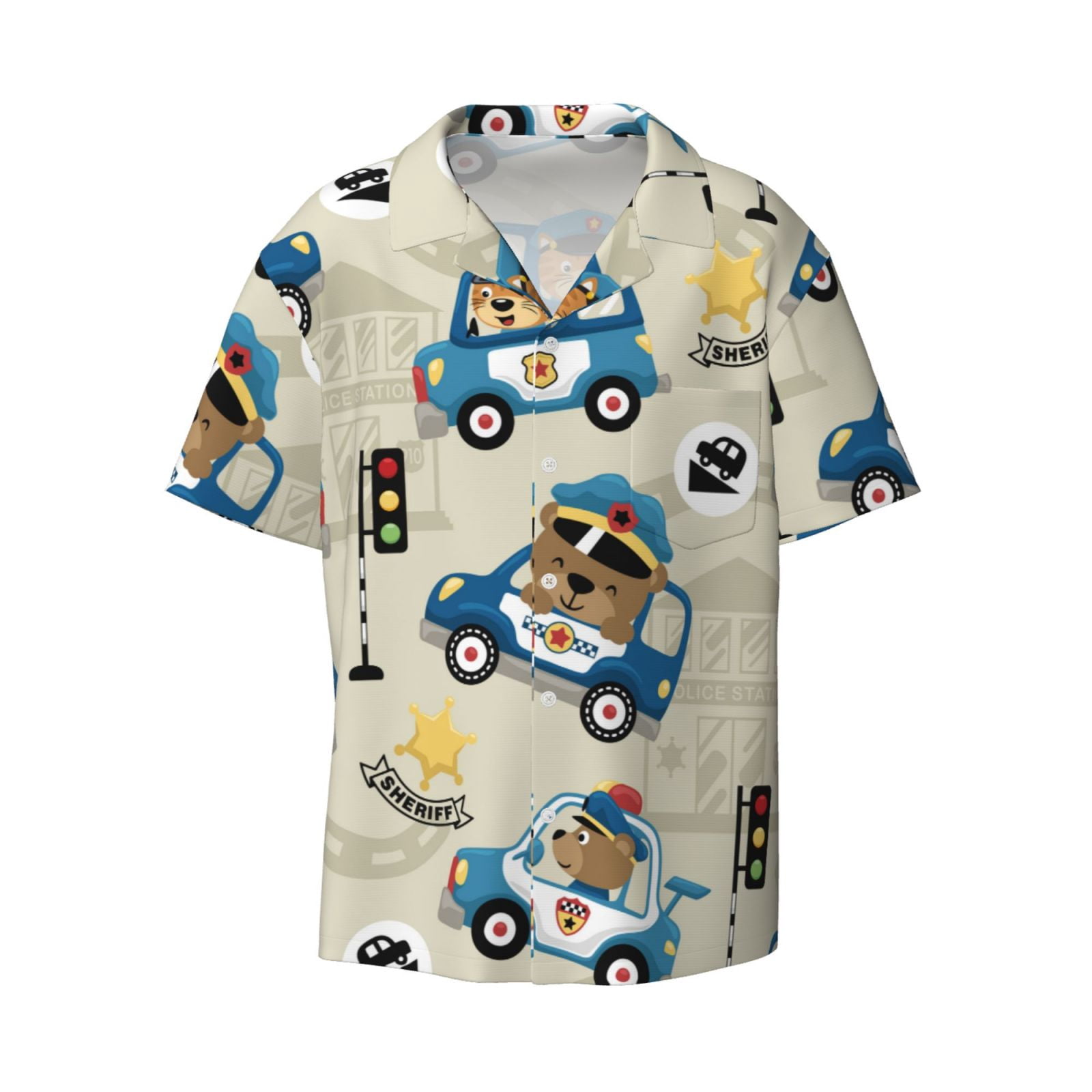 Daiia Animals Driving Police Car Men's Linen Shirts Short Sleeve Casual ...