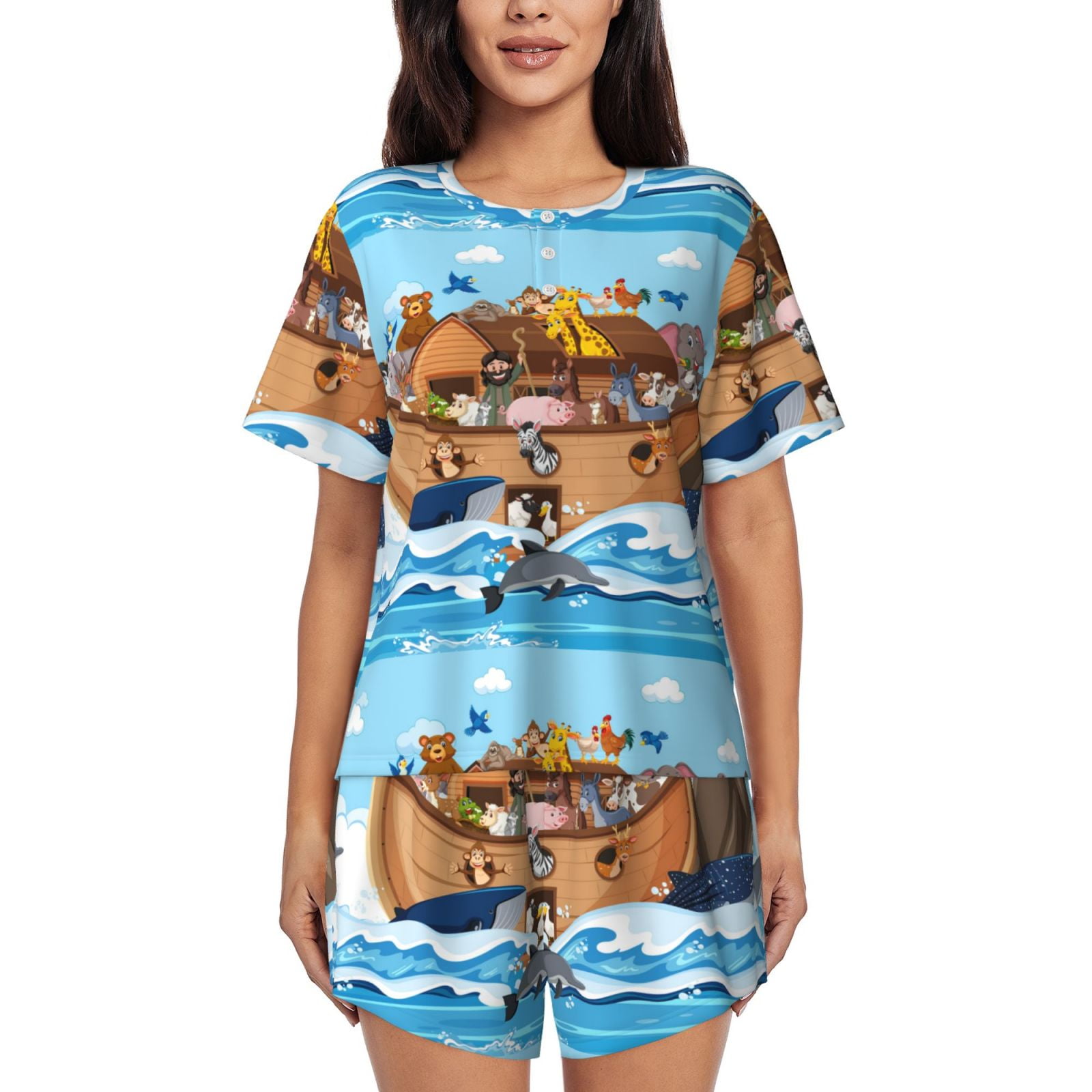 Daiia Animals on Noah's Ark Floating Pattern Womens Pajama Sets Short ...
