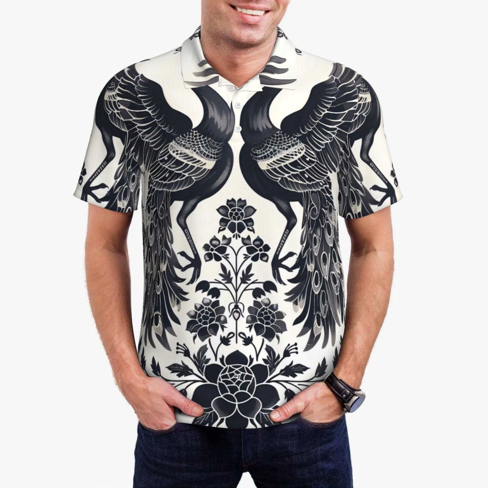 Daiia Artistic Black White Peacocks Pattern Men’s Polo Shirts,Solid ...