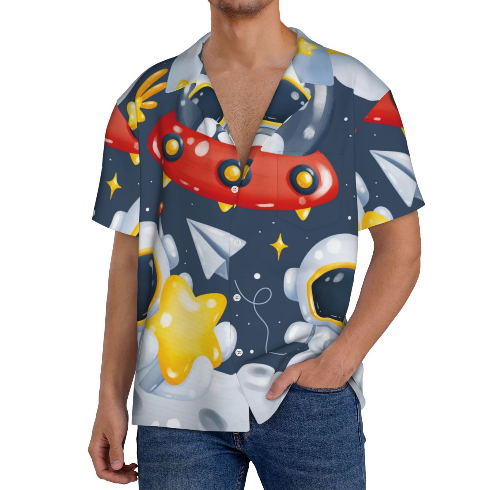 Daiia Astronaut And Space Men's Linen Shirts Short Sleeve Casual Shirts ...