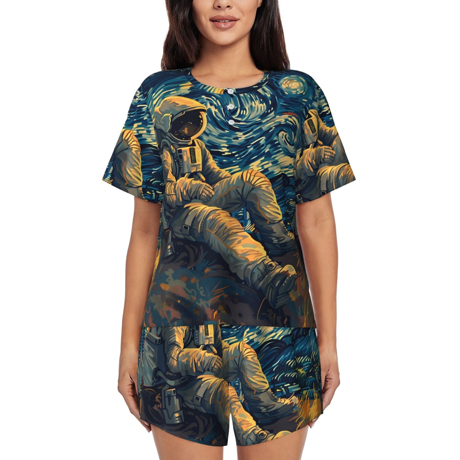 Daiia Astronaut Starry Night Pattern Womens Pajama Sets Short Sleeve ...