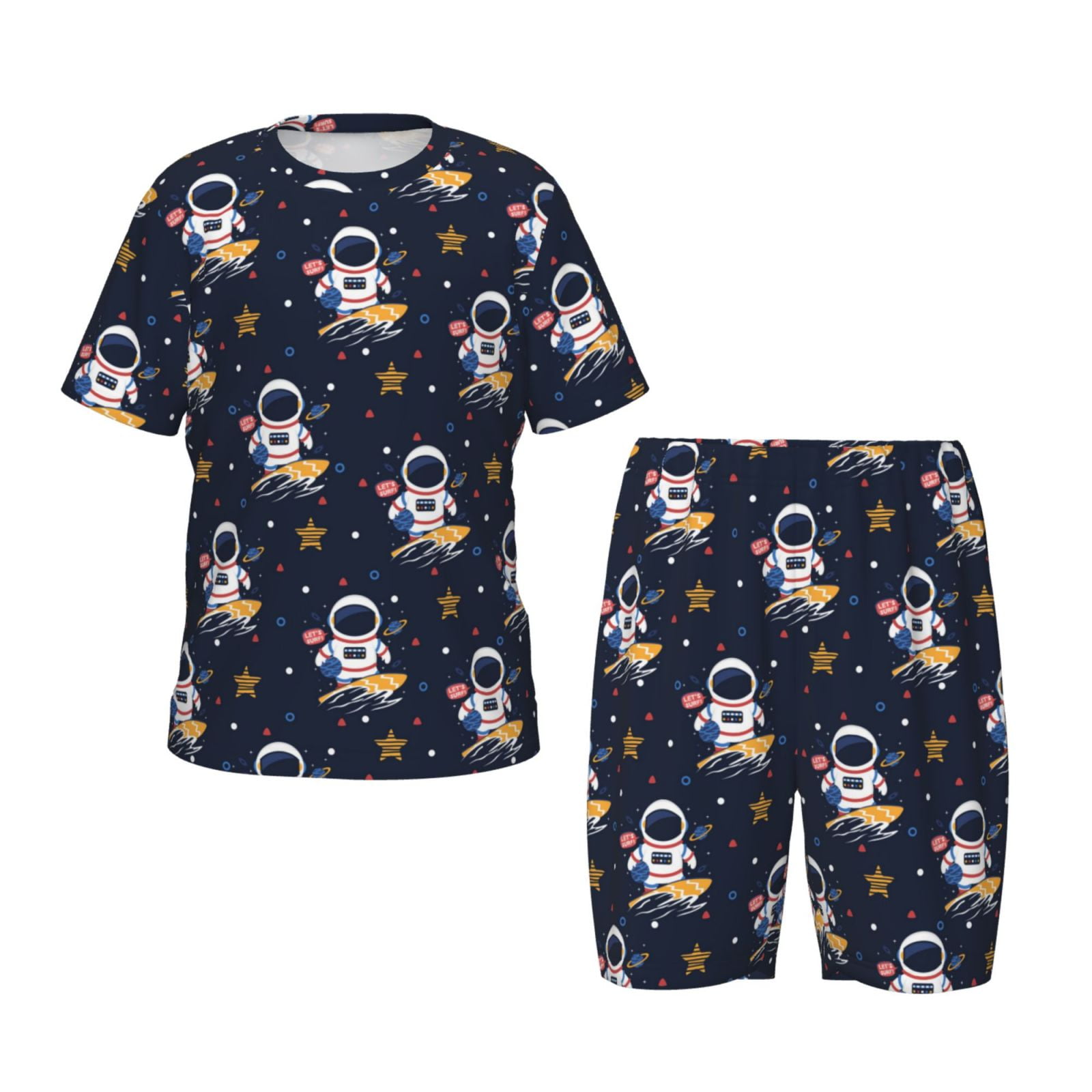 Daiia Astronaut Surfing Print Children’s Cotton Pajama Set – Short-Sleeved Top & Shorts ...