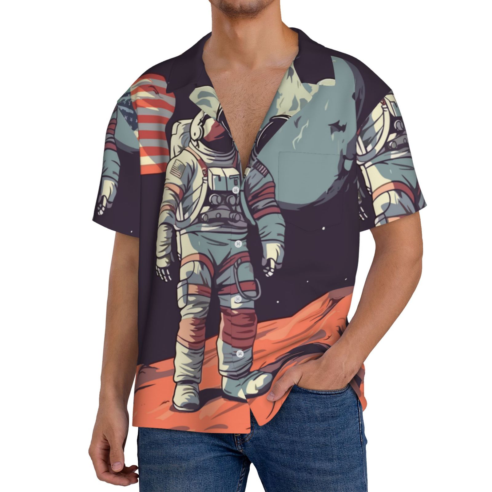 Daiia Astronaut With American Flag Men's Linen Shirts Short Sleeve ...