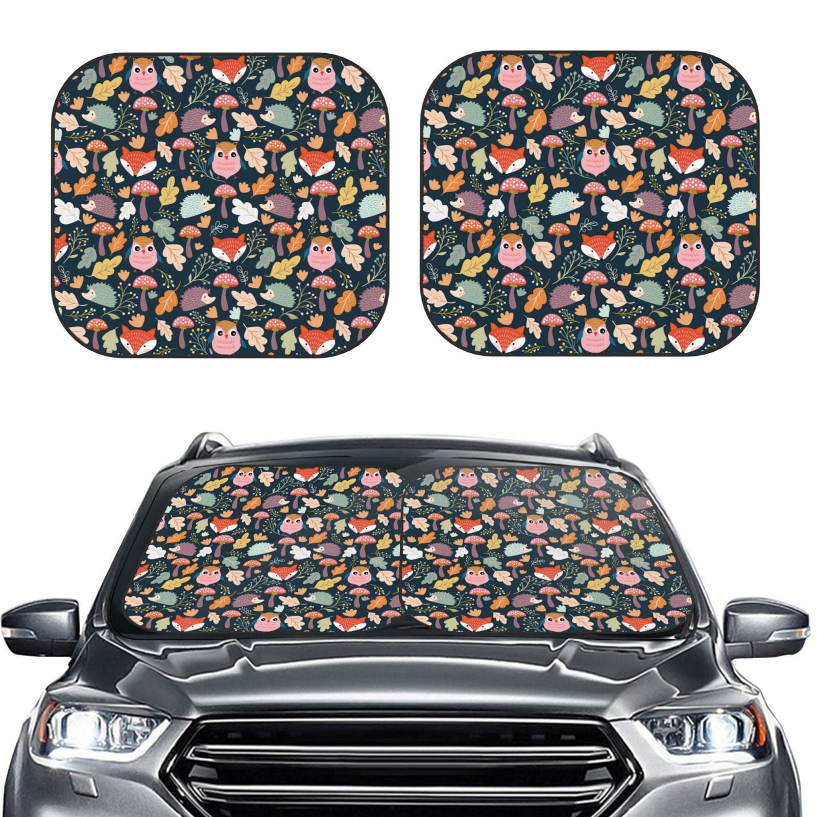 Daiia Autumn Fox Owl 2PCS Car Windshield Sun Shade, Foldable Sun Shield ...