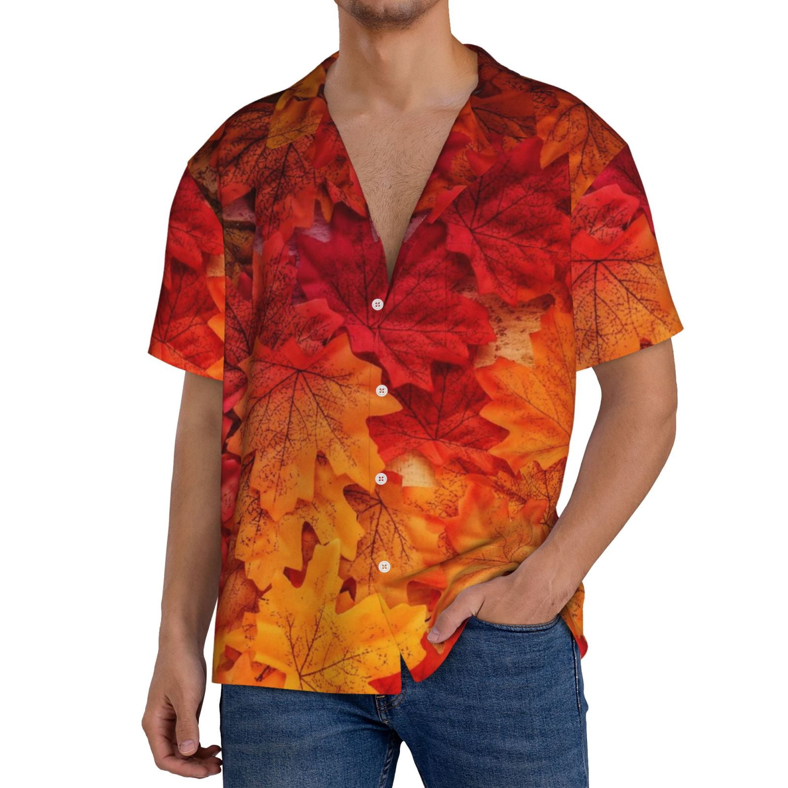 Daiia Autumn Leaf Men's Linen Shirts Short Sleeve Casual Shirts Button ...