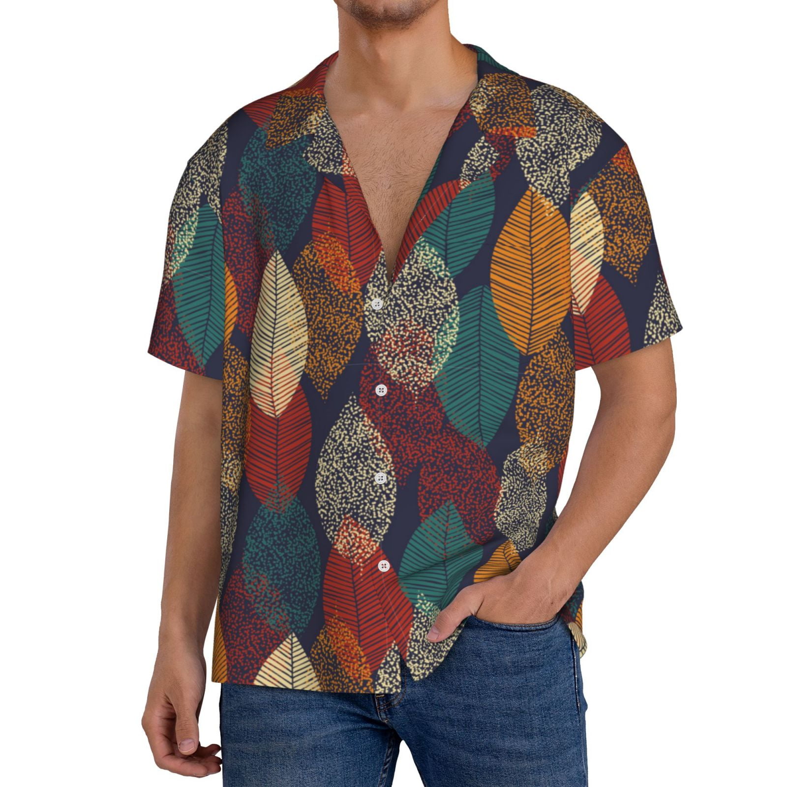 Daiia Autumn Leaves Men's Linen Shirts Short Sleeve Casual Shirts ...