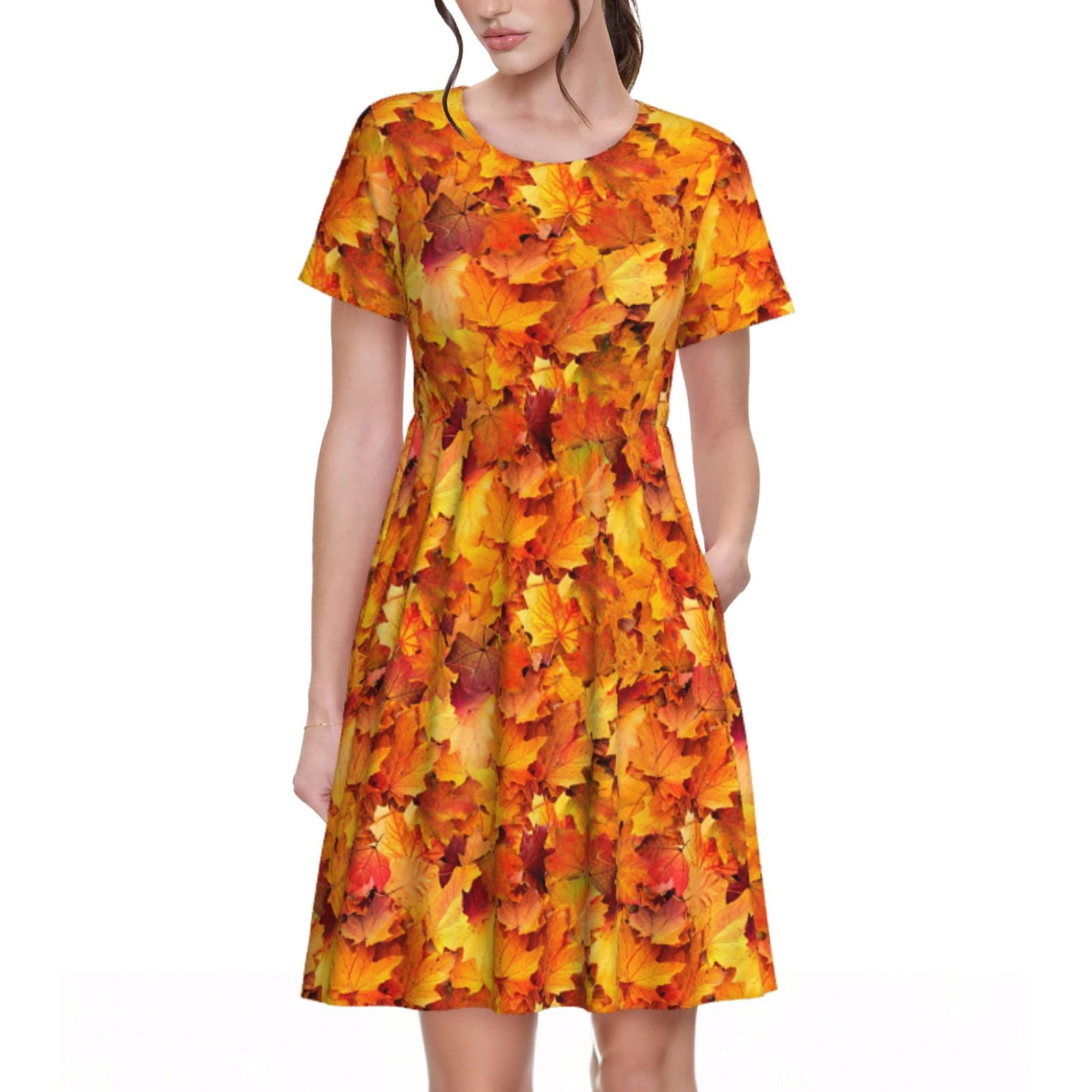Daiia Autumn Maple Leaf Pile Print Women's Dresses 2025 Trendy Short ...