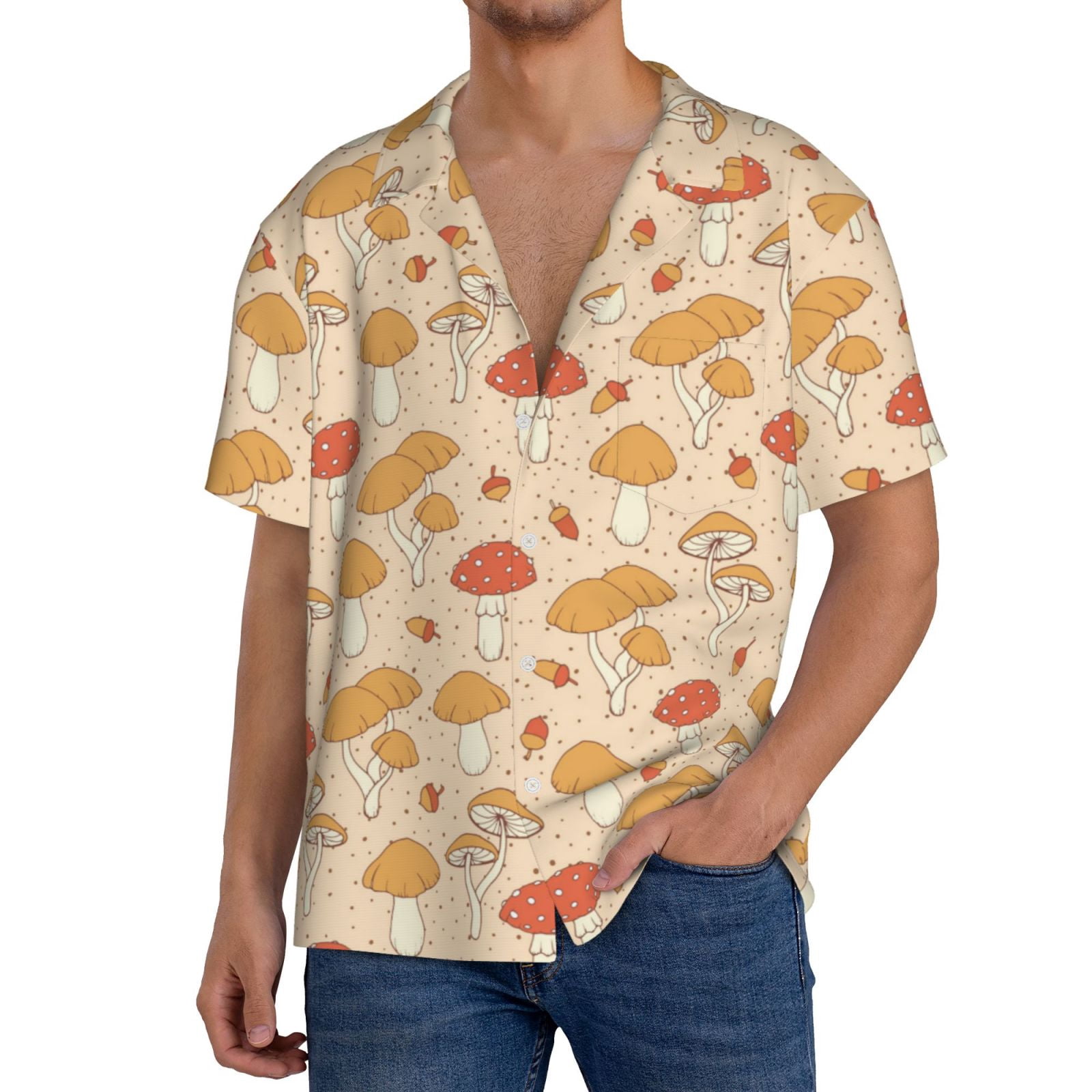 Daiia Autumn Mushrooms Men's Linen Shirts Short Sleeve Casual Shirts ...