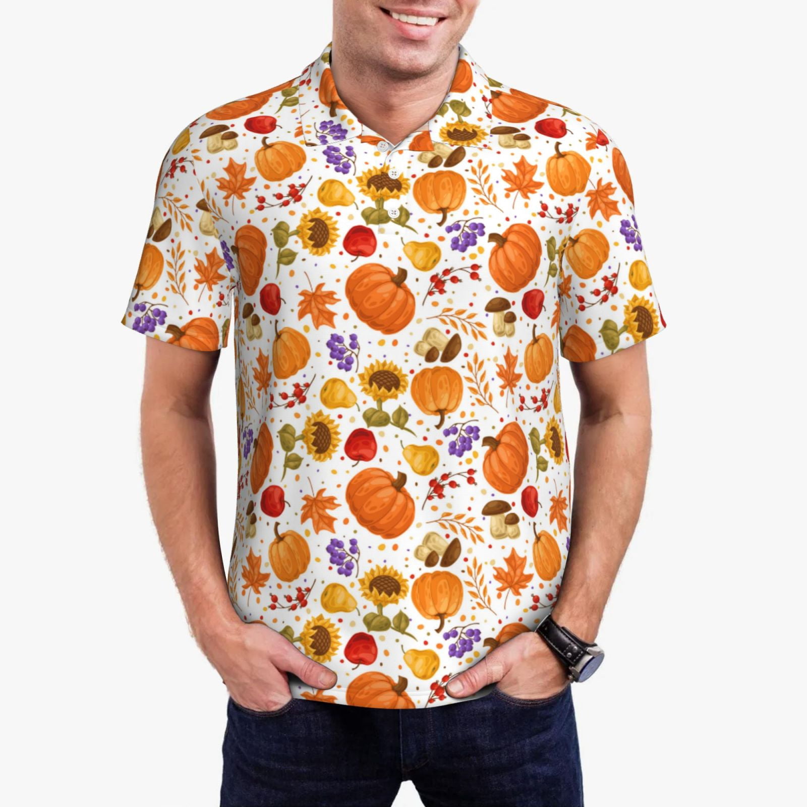 Daiia Autumn Plants Pattern Men’s Polo Shirts,Solid Deck Shirt,Classic ...