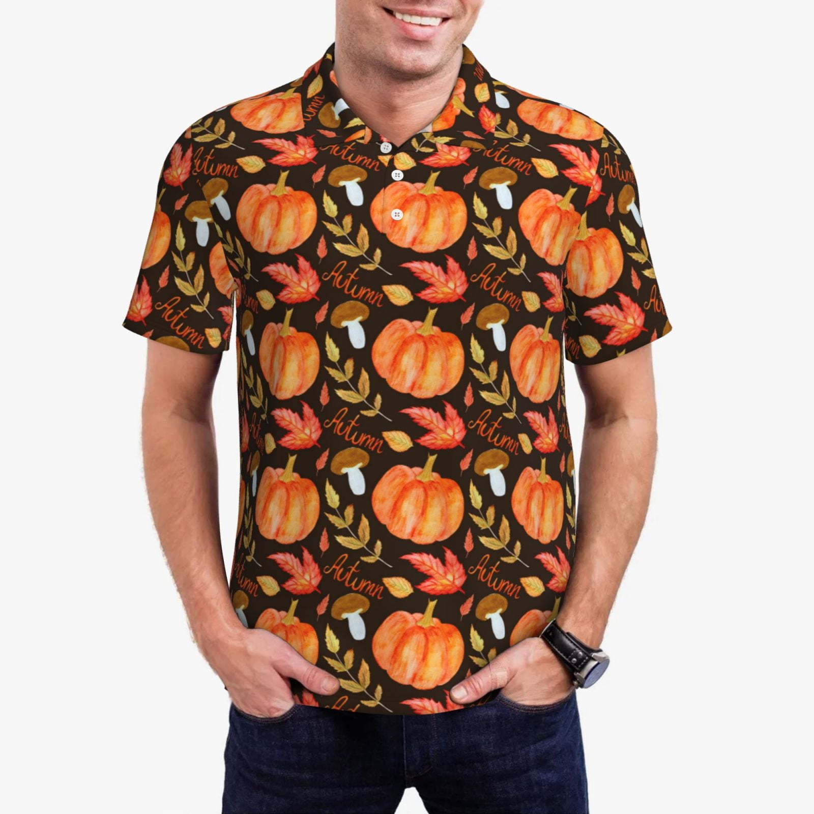 Daiia Autumn Pumpkin Pattern Men’s Polo Shirts,Solid Deck Shirt,Classic ...