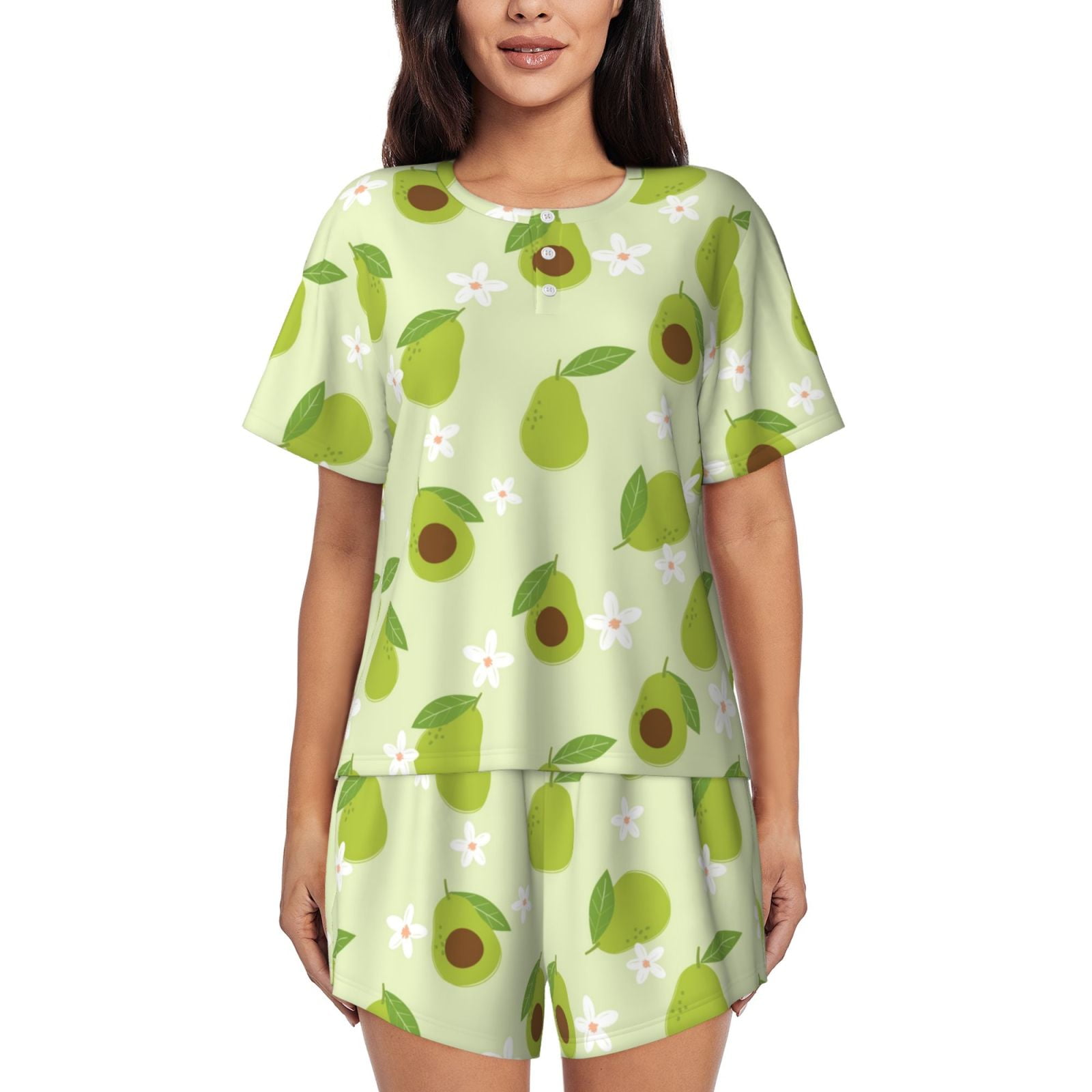 Daiia Avocado With Leaf And Flower Pattern Womens Pajama Sets Short ...