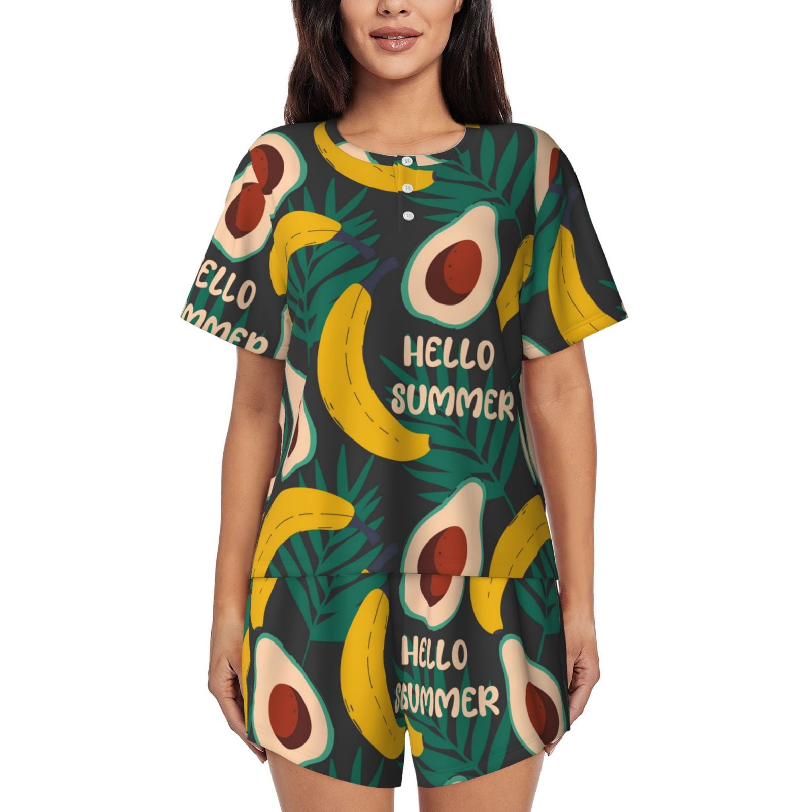Daiia Banana And Avocado Pattern Womens Pajama Sets Short Sleeve ...