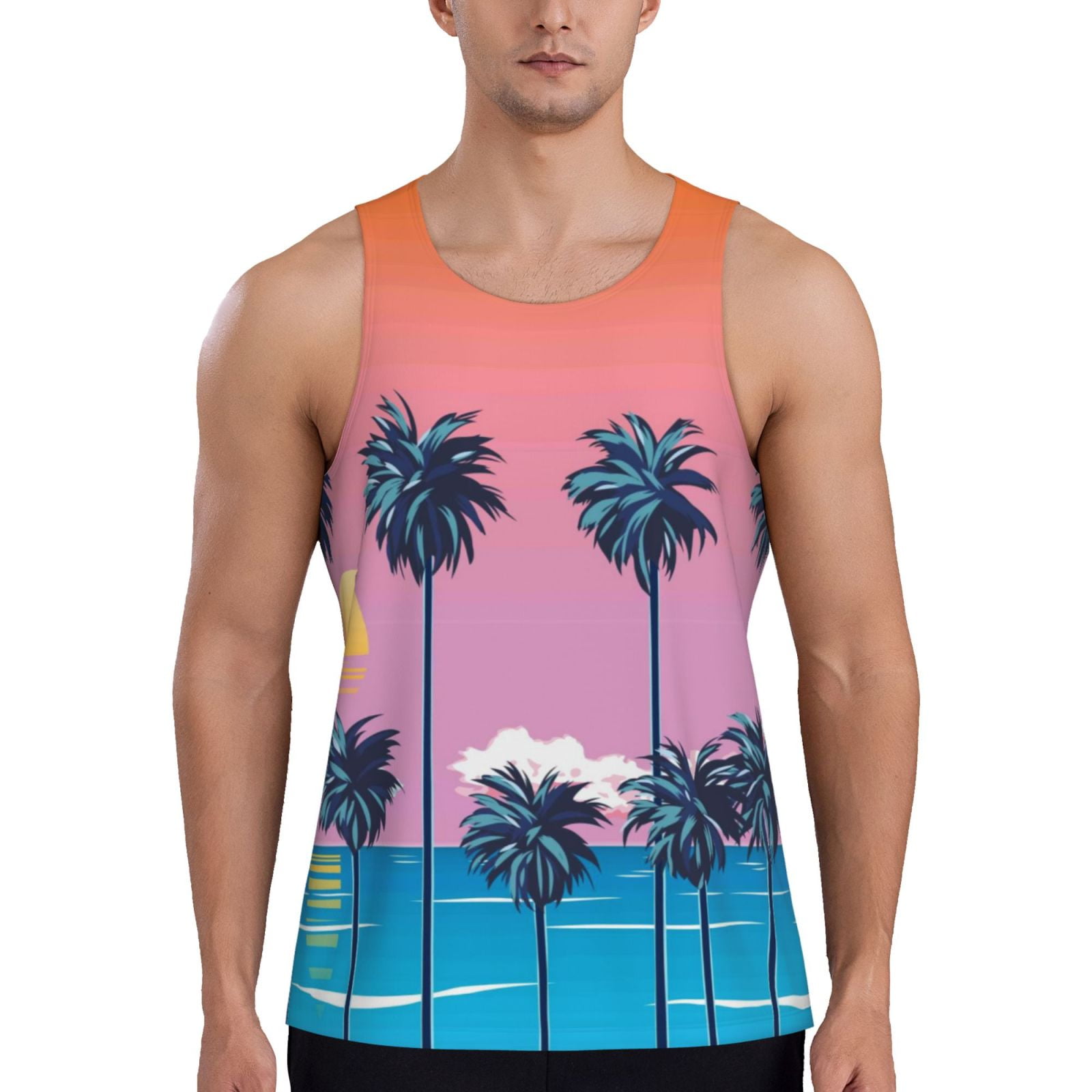 Daiia Beach with Palm Trees Printed Men's Quick Dry Fit Muscle Tank Top ...