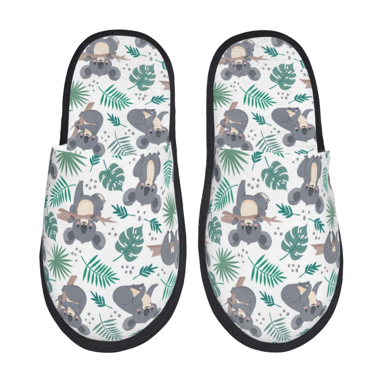 Daiia Bears and Tropical Leaves Pattern Furry Slippers for Women and ...