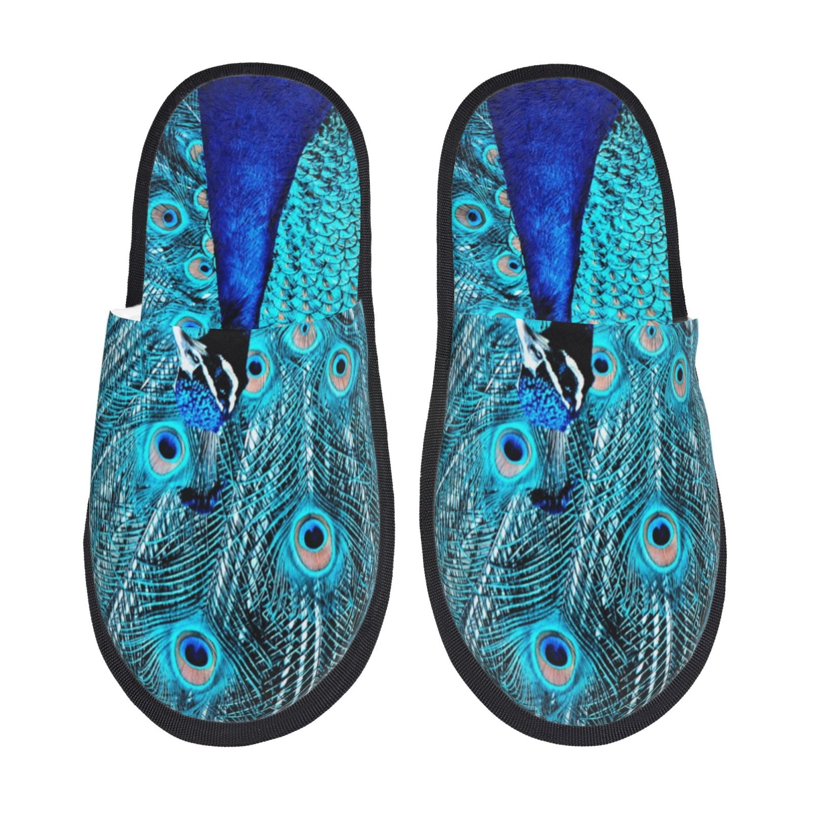 Daiia Beautiful Blue Peacock Pattern Furry Slippers for Women and Men ...