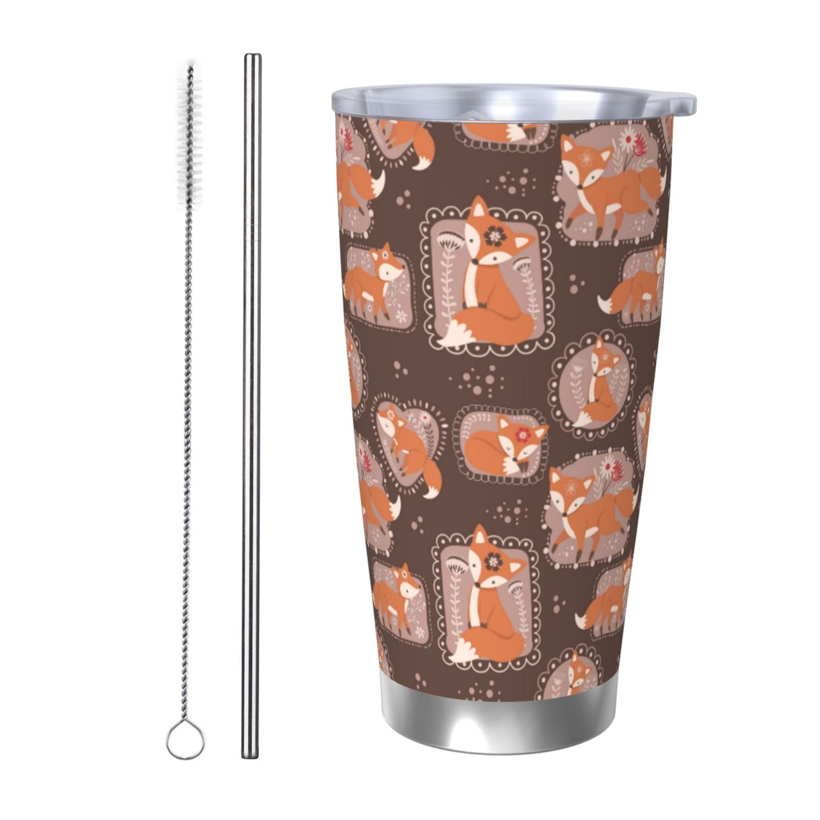 Daiia Beautiful Fox Printed 20oz Insulated Coffee Cup with Straw Topper ...