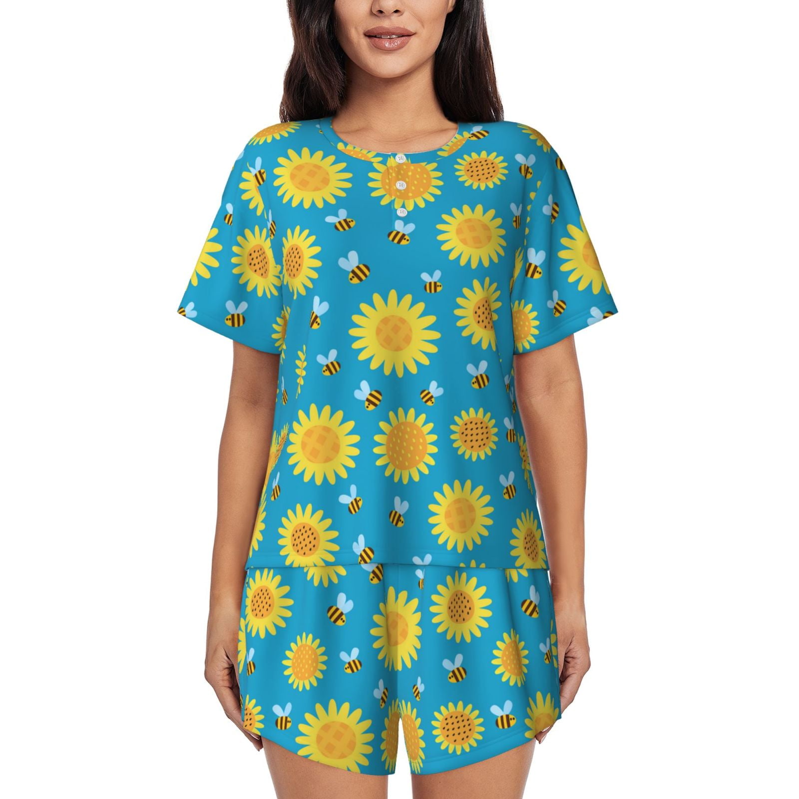 Daiia Bee Sunflower Pattern Womens Pajama Sets Short Sleeve Pajamas for ...