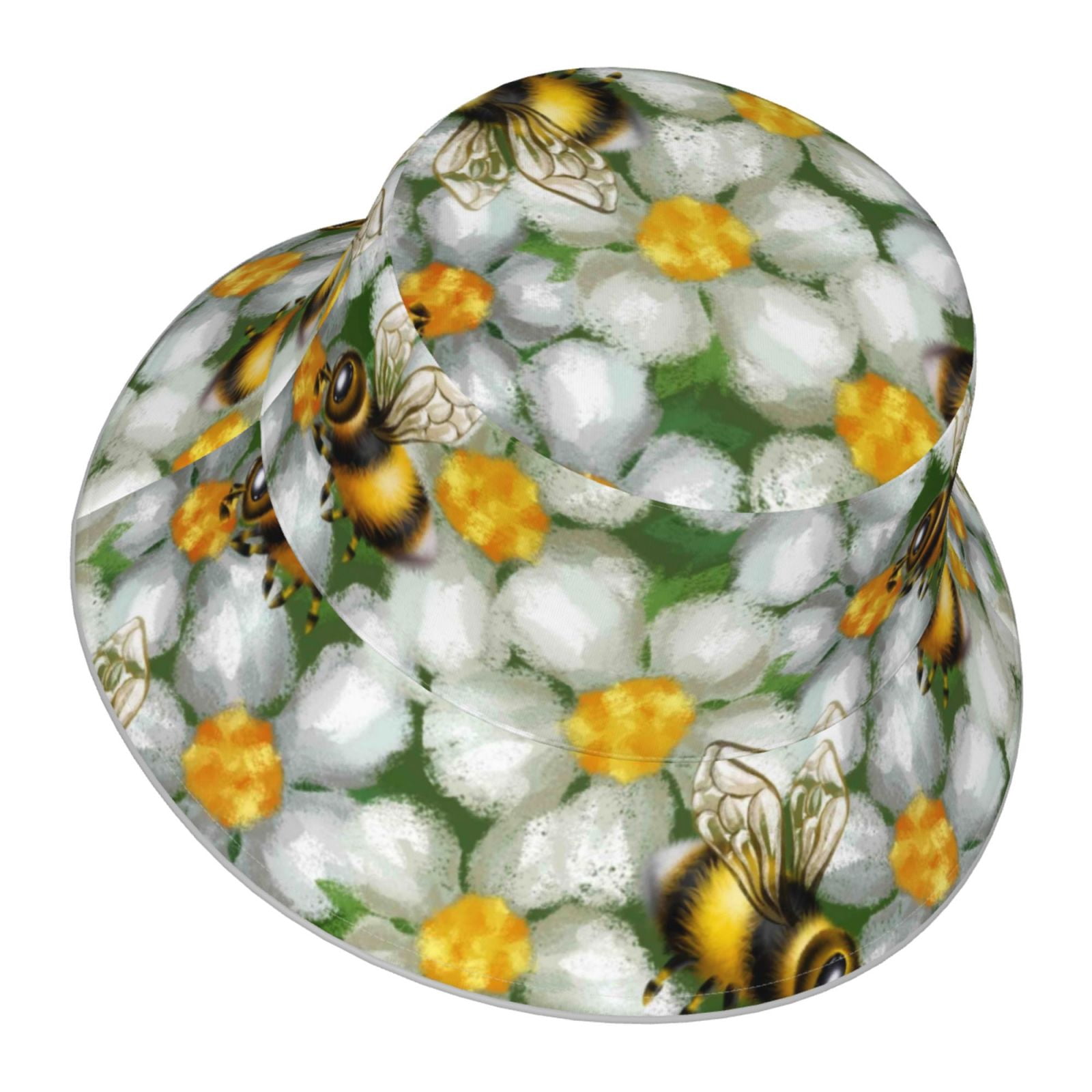 Daiia Bees and Flower Pattern Bucket Hat - Trendy Cotton Sun Hat for ...