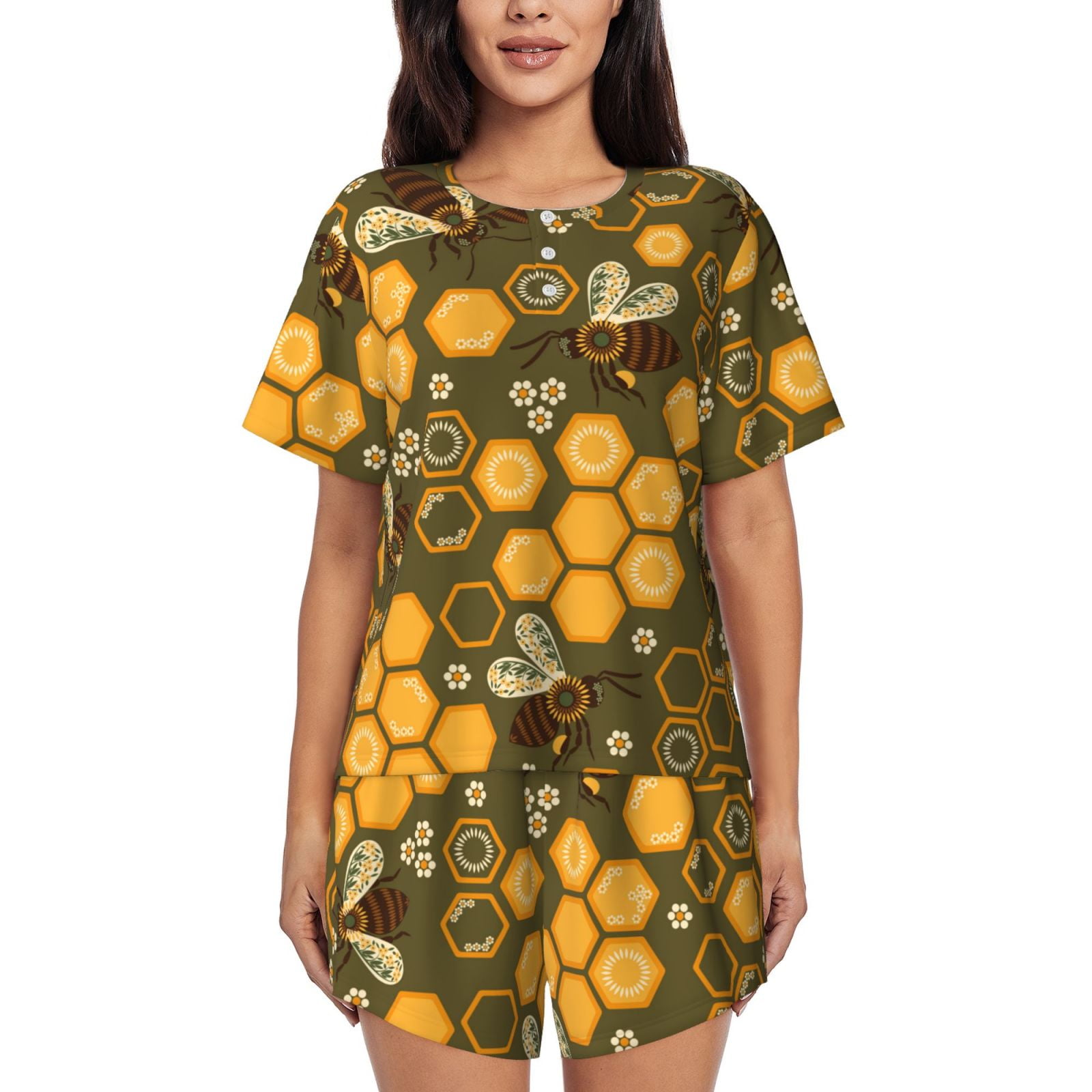 Daiia Bees and Honeycombs Pattern Womens Pajama Sets Short Sleeve ...