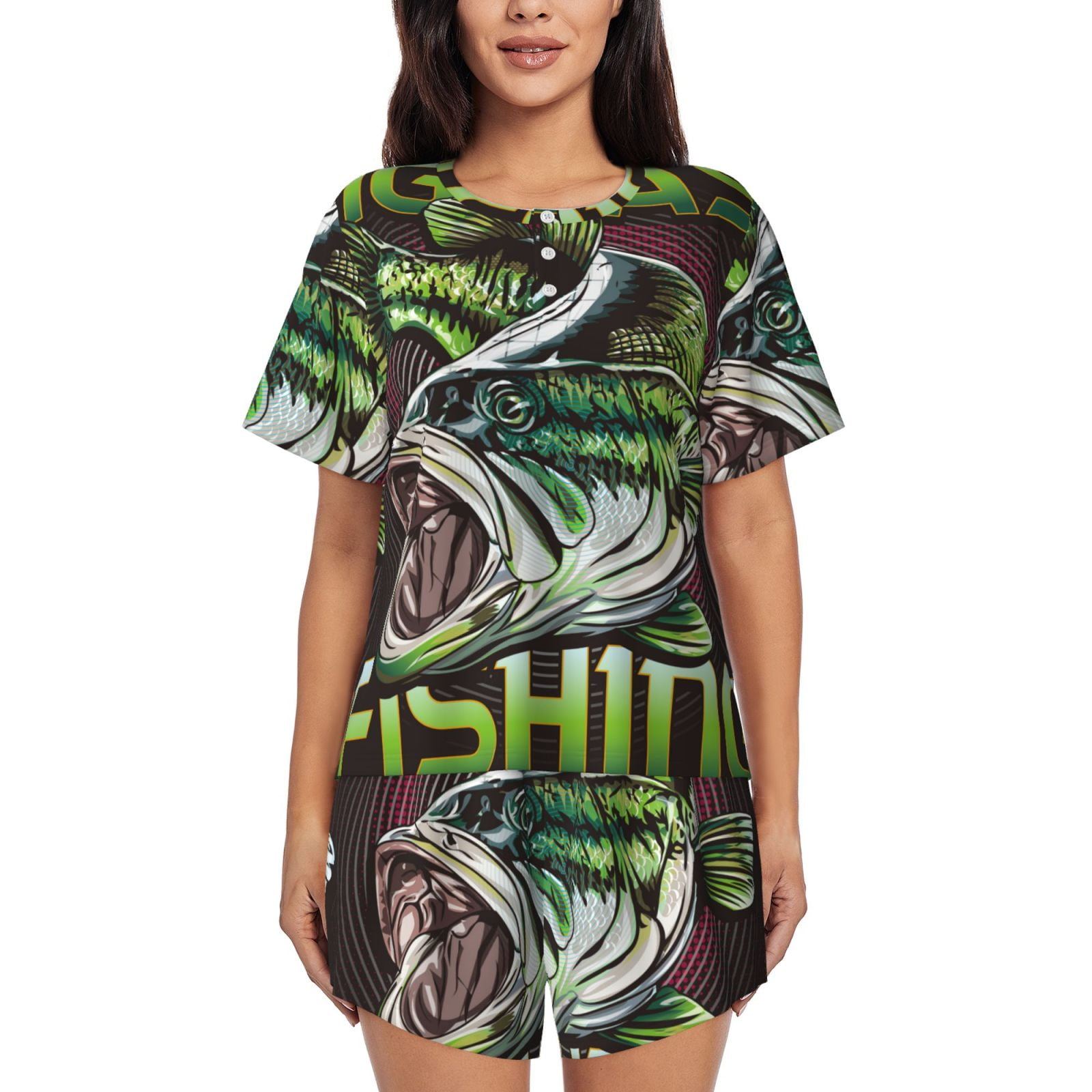 Daiia Big Bass Fish Pattern Womens Pajama Sets Short Sleeve Pajamas for ...