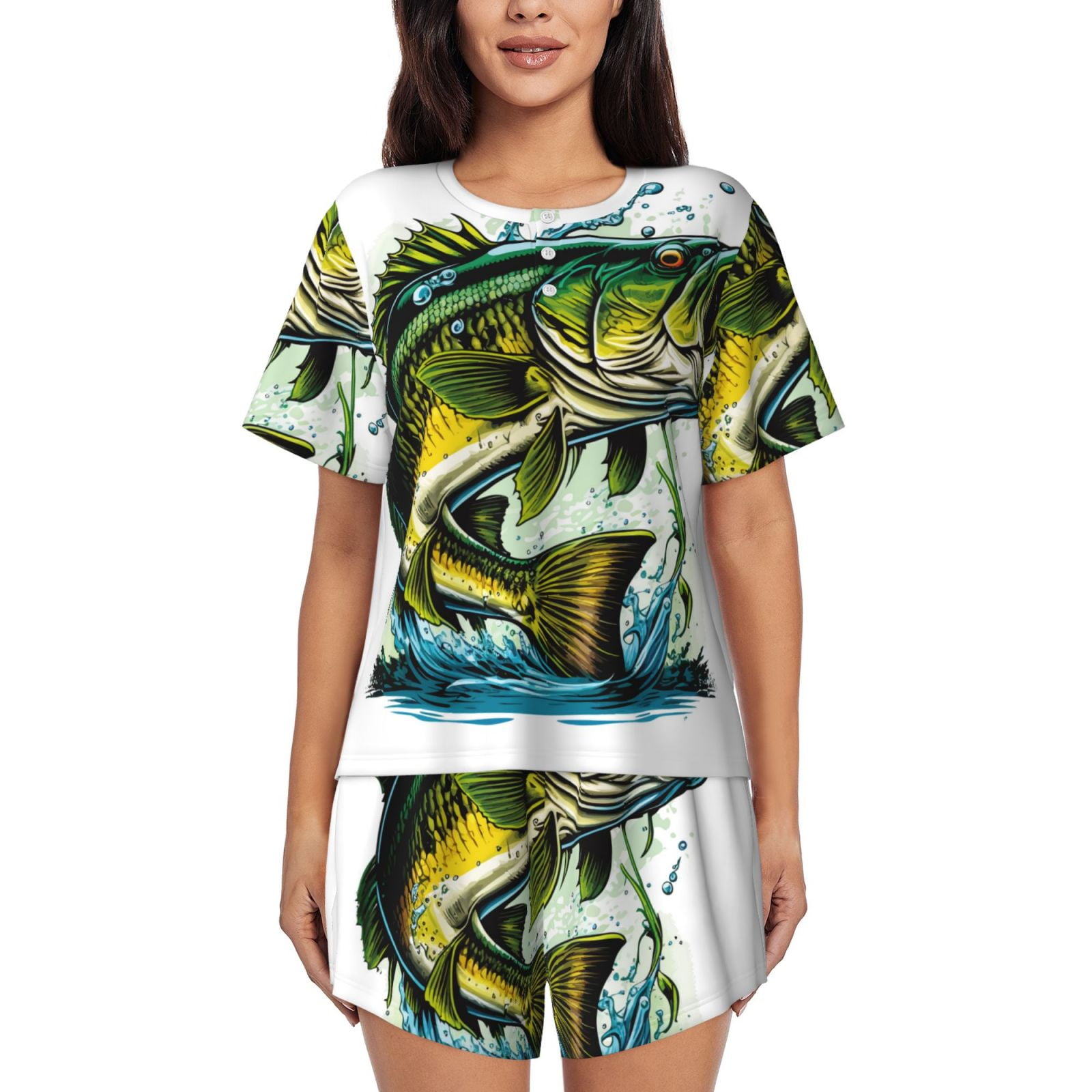 Daiia Big bass fish Pattern Womens Pajama Sets Short Sleeve Pajamas for ...