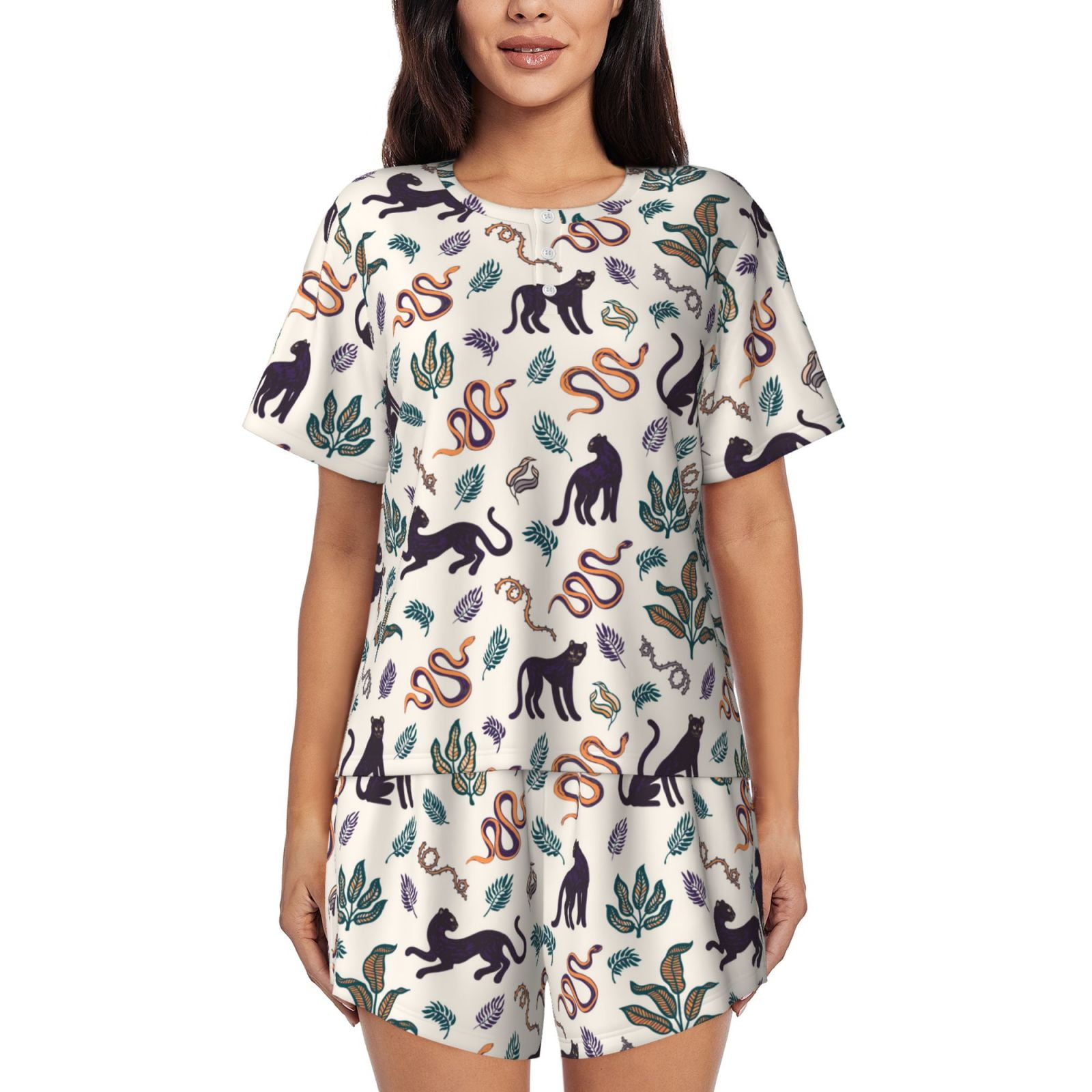 Daiia Black Cat And Snake Pattern Womens Pajama Sets Short Sleeve ...