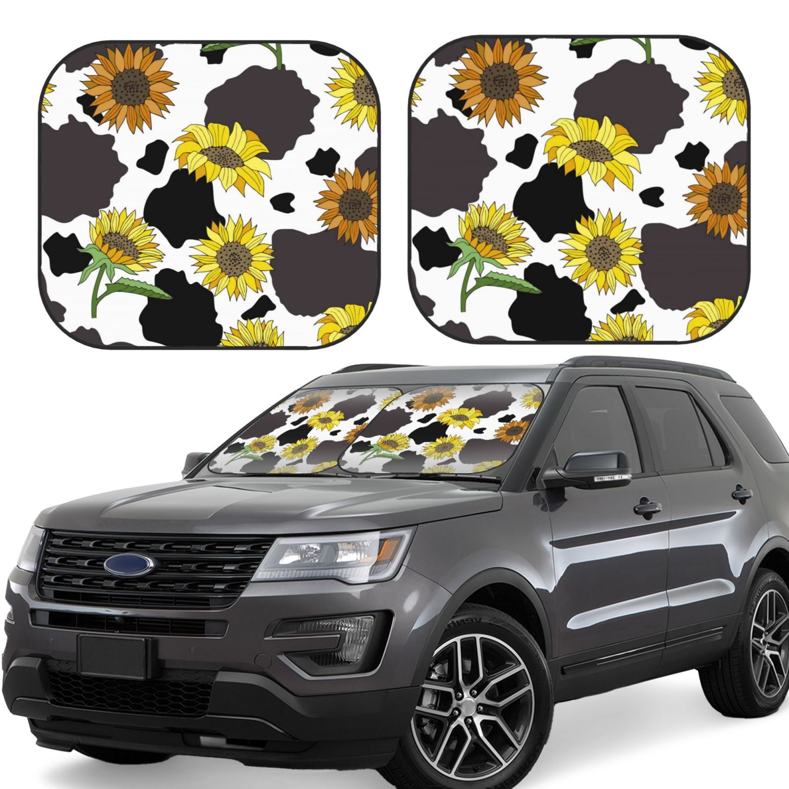 Daiia Black Cow Print With Sunflowers Country 2PCS Car Windshield Sun ...