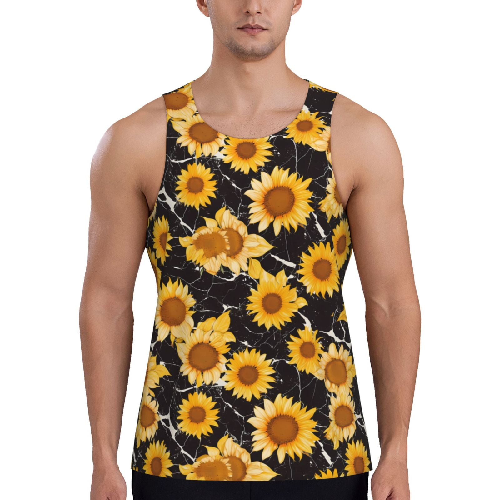 Daiia Black Marble Pattern Sunflower Printed Men's Quick Dry Fit Muscle ...