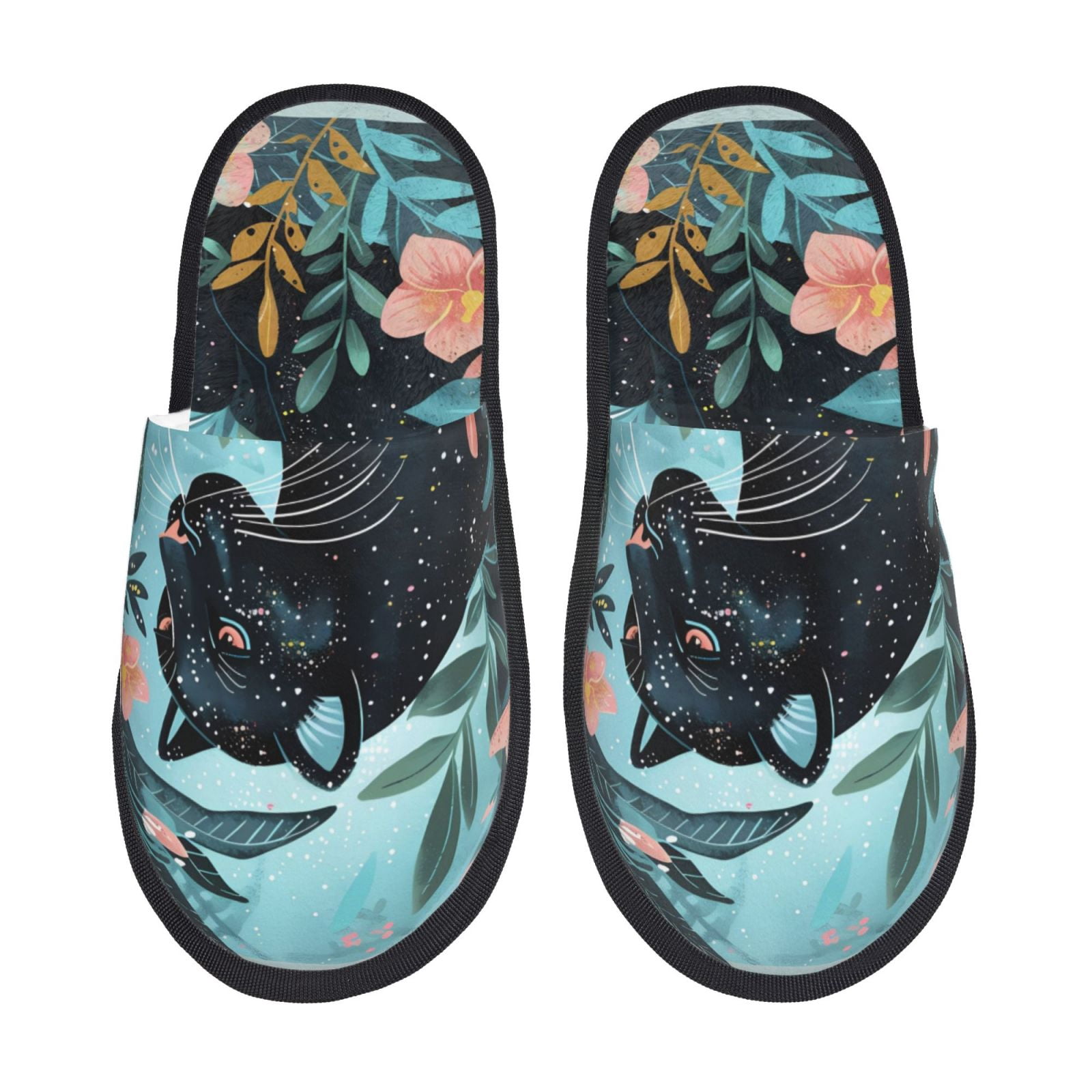 Daiia Black Panther Floral Illustration Pattern Furry Slippers for ...
