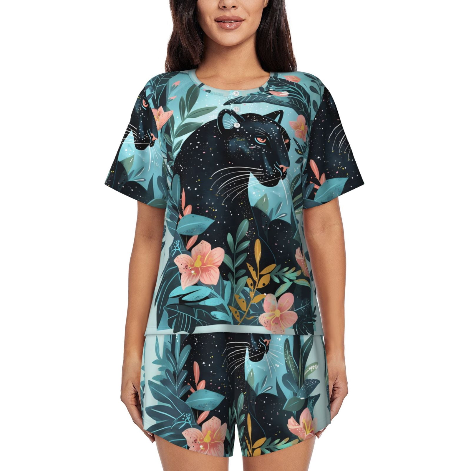 Daiia Black Panther Floral Illustration Pattern Womens Pajama Sets ...
