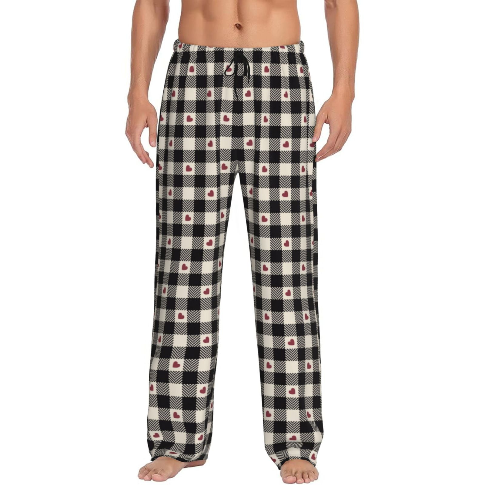 Daiia Black Plaid Heart Men's Sleep Pant with Pockets and Drawstring ...